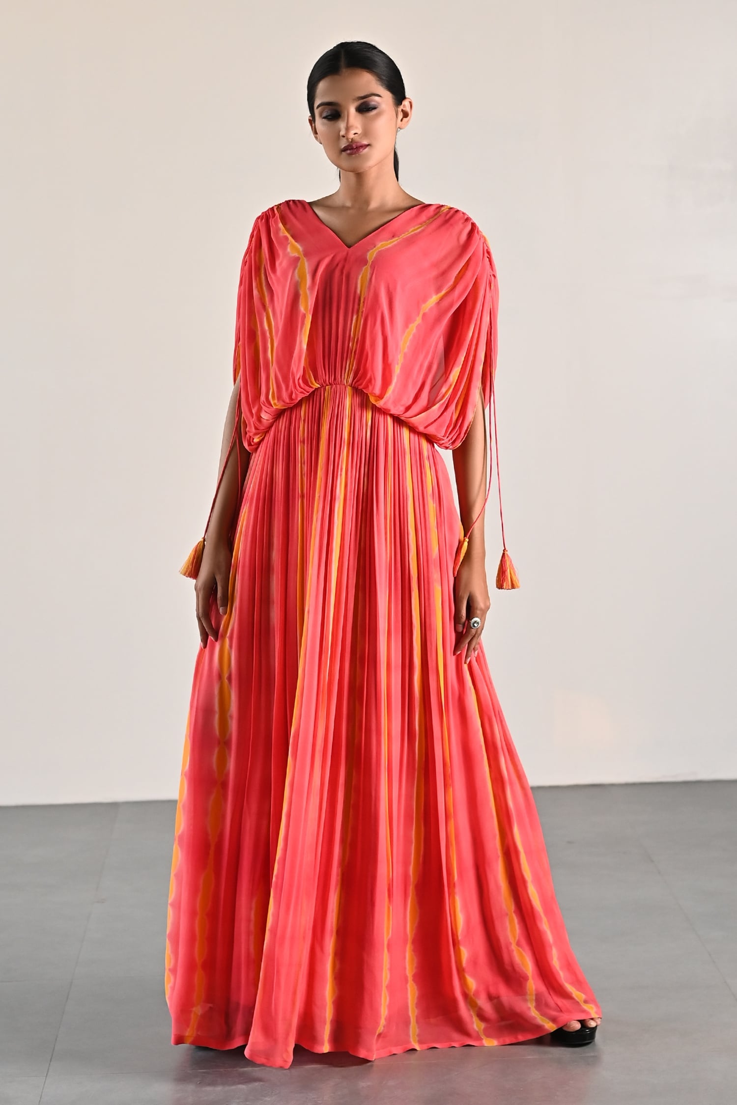 Buy Peach Georgette Stripe Pattern Dress: V Neck Pleated For Women by k ...