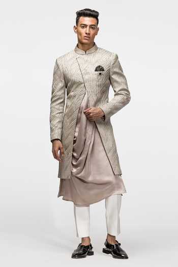 Buy Asuka Grey Woven Jacquard Front Slit Embroidered Achkan Set Online ...