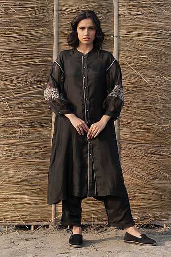 Buy Ayaka Black Silk Organza Embroidered Sleeve Tunic Online | Aza Fashions