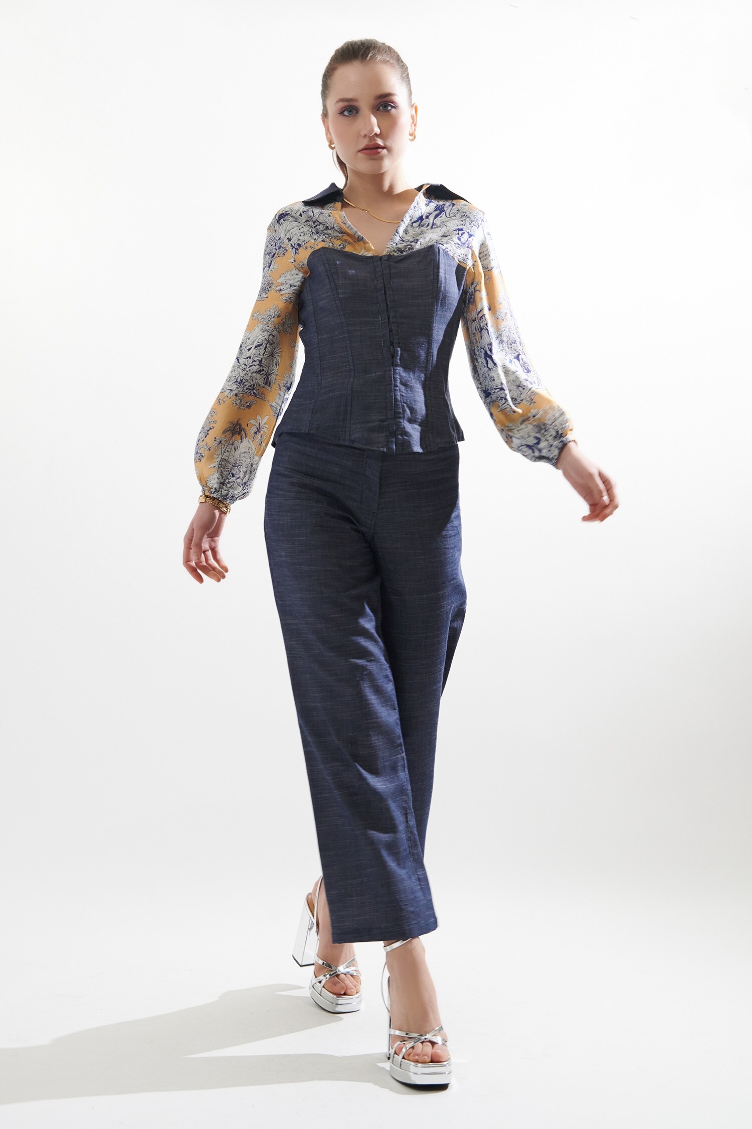 Buy Multi Color Silk Printed Yoke Jungle Safari Collared Neck Raven ...