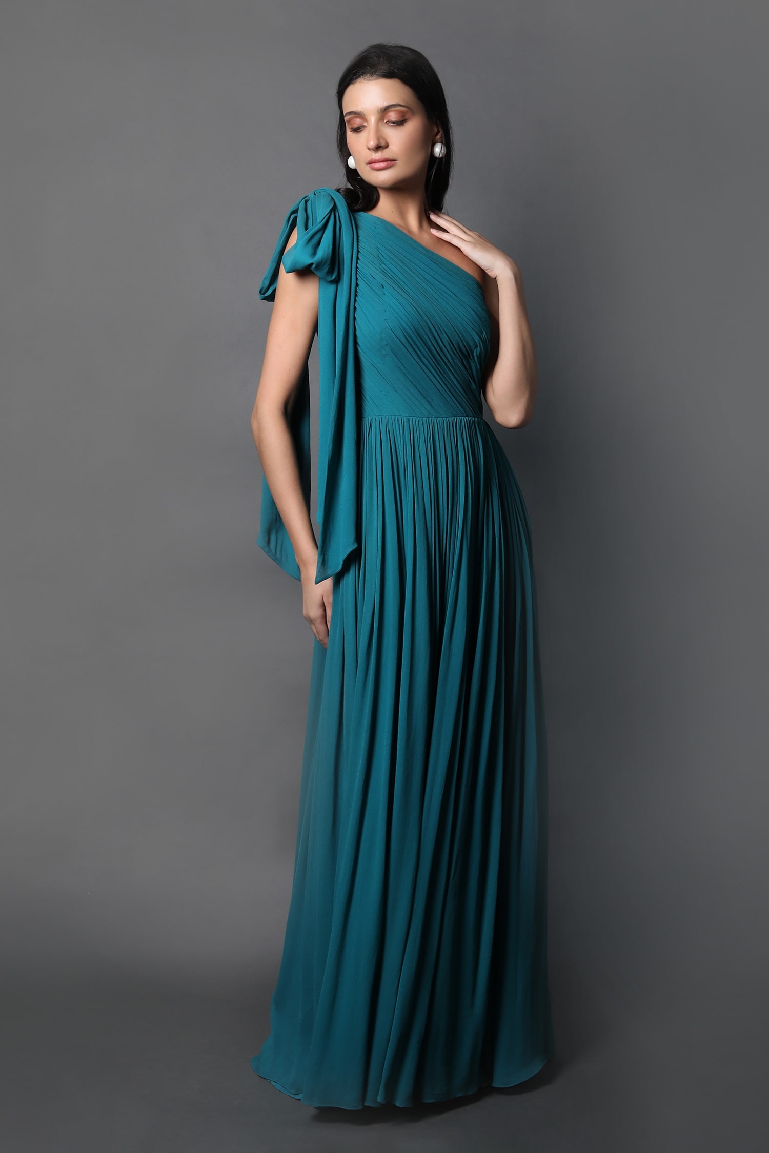 Buy Swatee Singh Blue Georgette One-shoulder Ruched Gown Online | Aza ...
