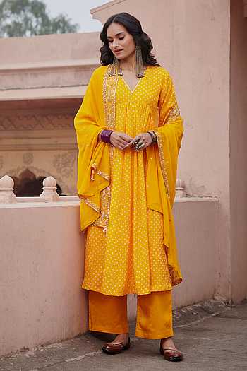 Buy Pink City Yellow Silk Bandhani Pattern Anarkali Pant Set Online ...