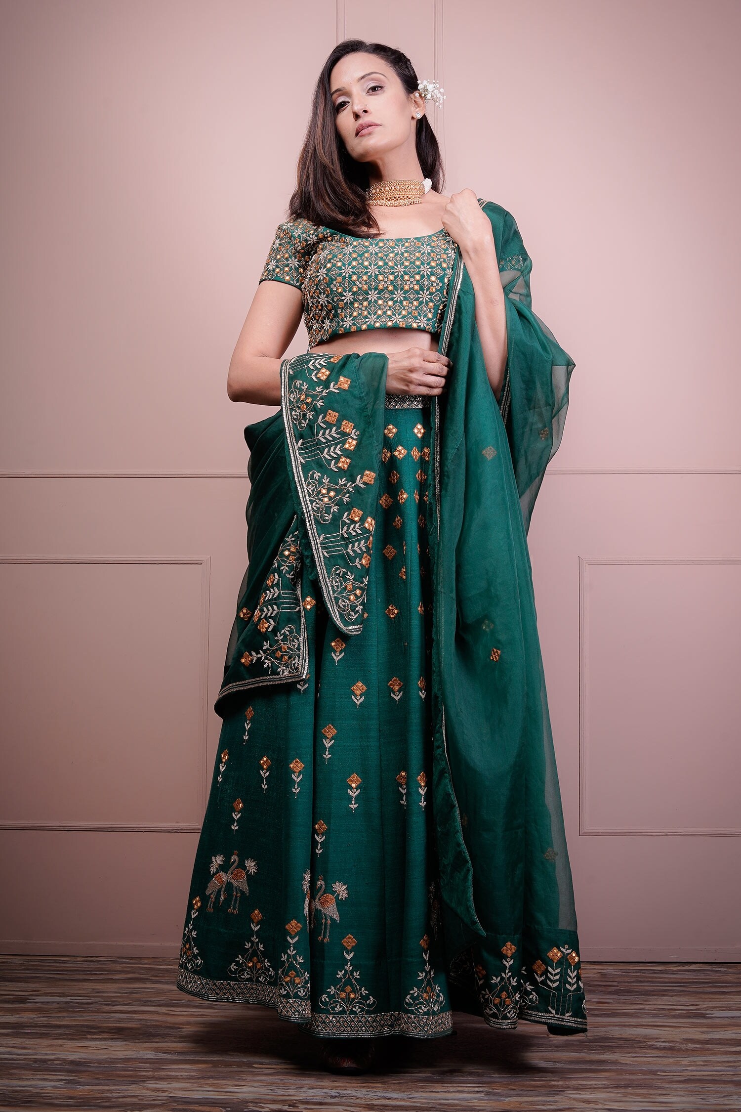 Buy Srota By Srishti Aggarwal Green Floral Geometric Raw Silk ...