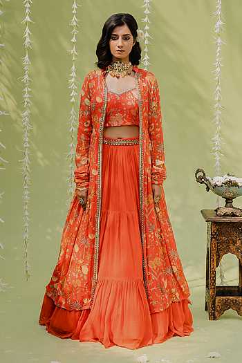 Buy Orange Viscose Georgette Printed Floral V Neck Jacket Lehenga Set ...