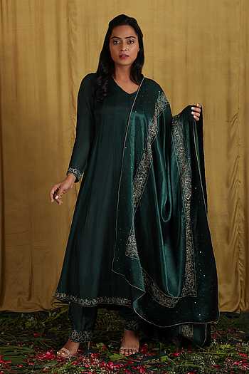 Buy Green Mashru (exhibits A Face And Cotton Backing) Flower Anarkali ...