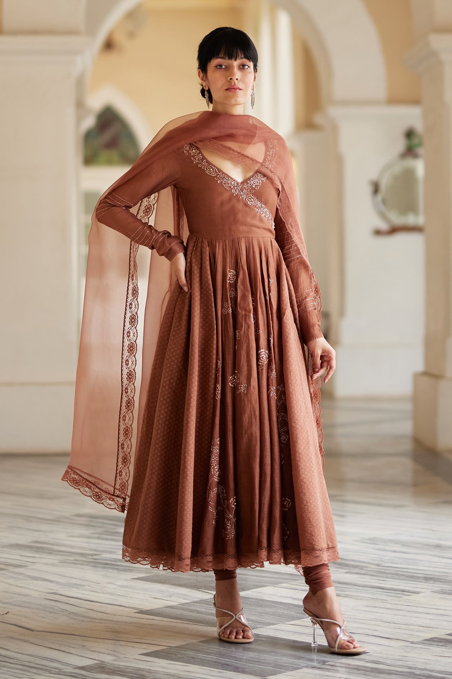 Buy Brown Anarkali : Chanderi And Jamdani Hand Embroidered Angrakha Set ...