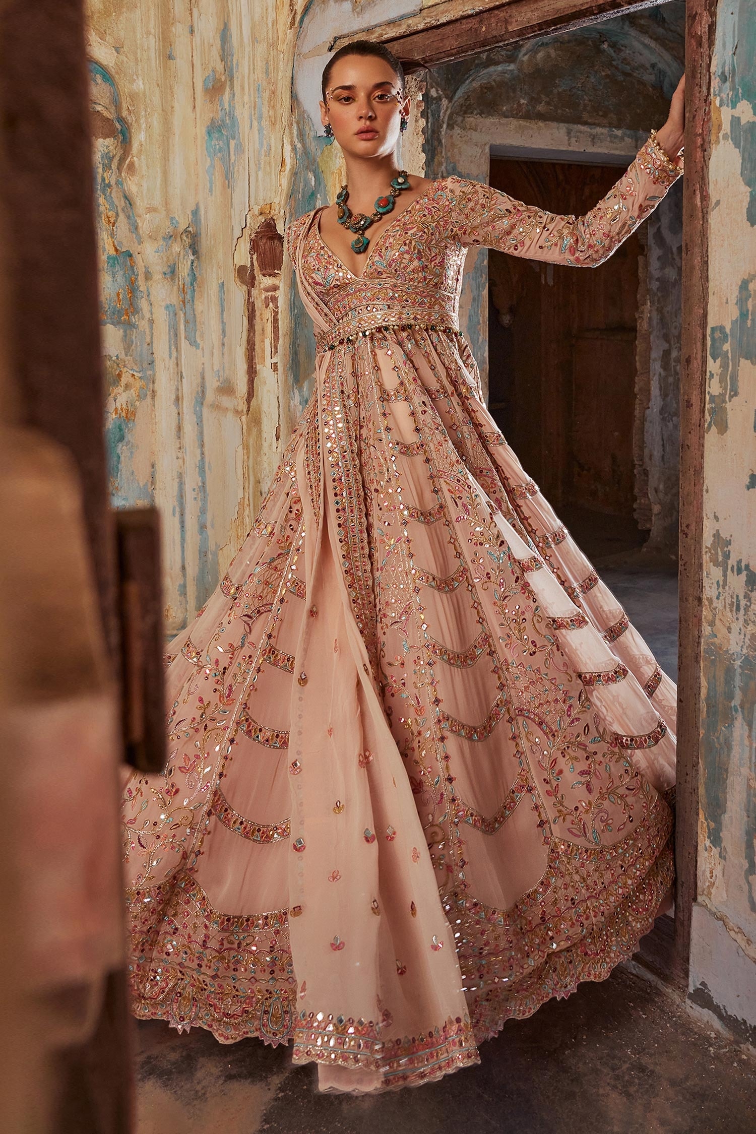 Buy Peach Georgette Embroidery Flower Resham And Gota Anarkali With ...