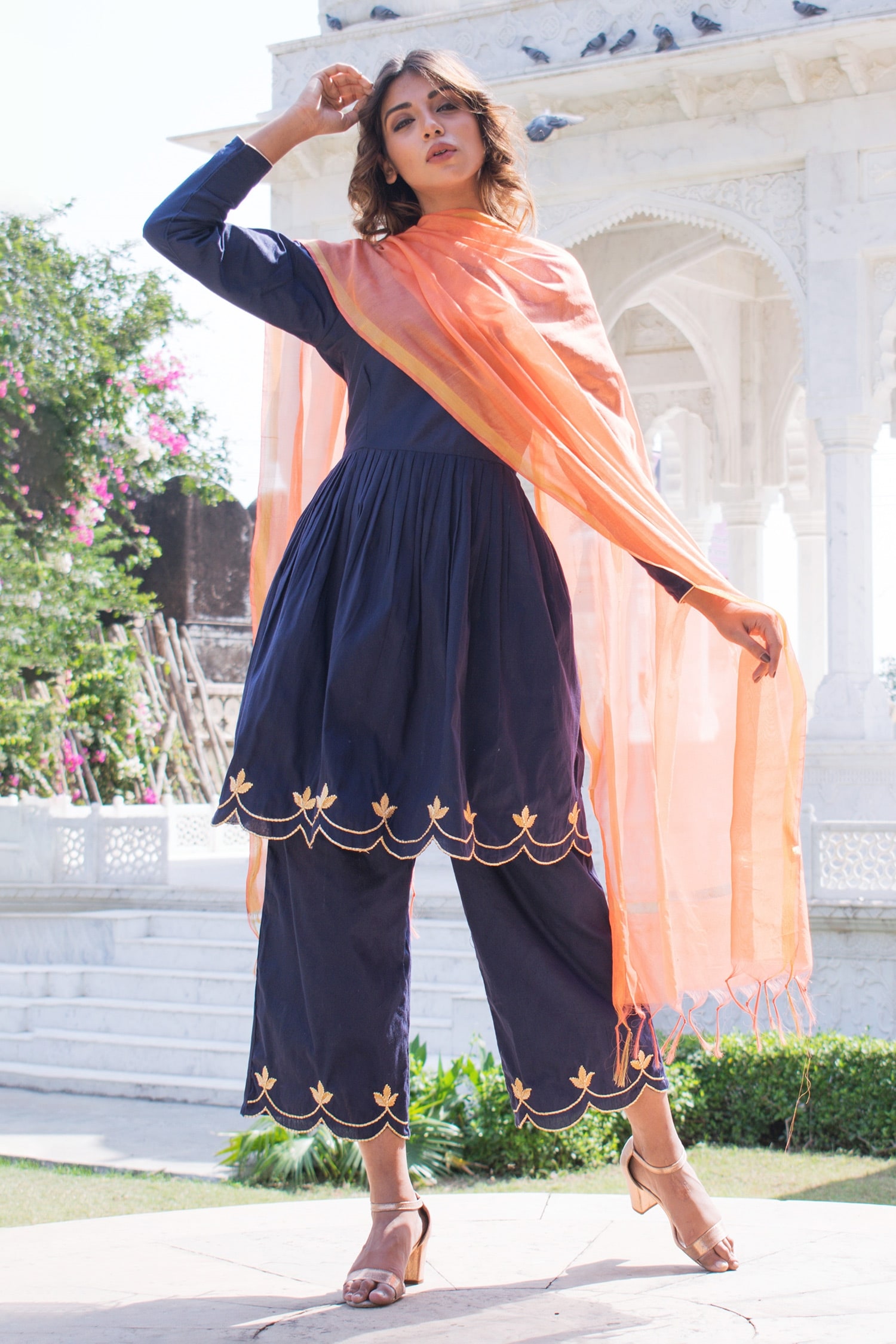 Buy Blue Cotton Silk Embellished Scalloped Hem Short Kurta Palazzo Set ...