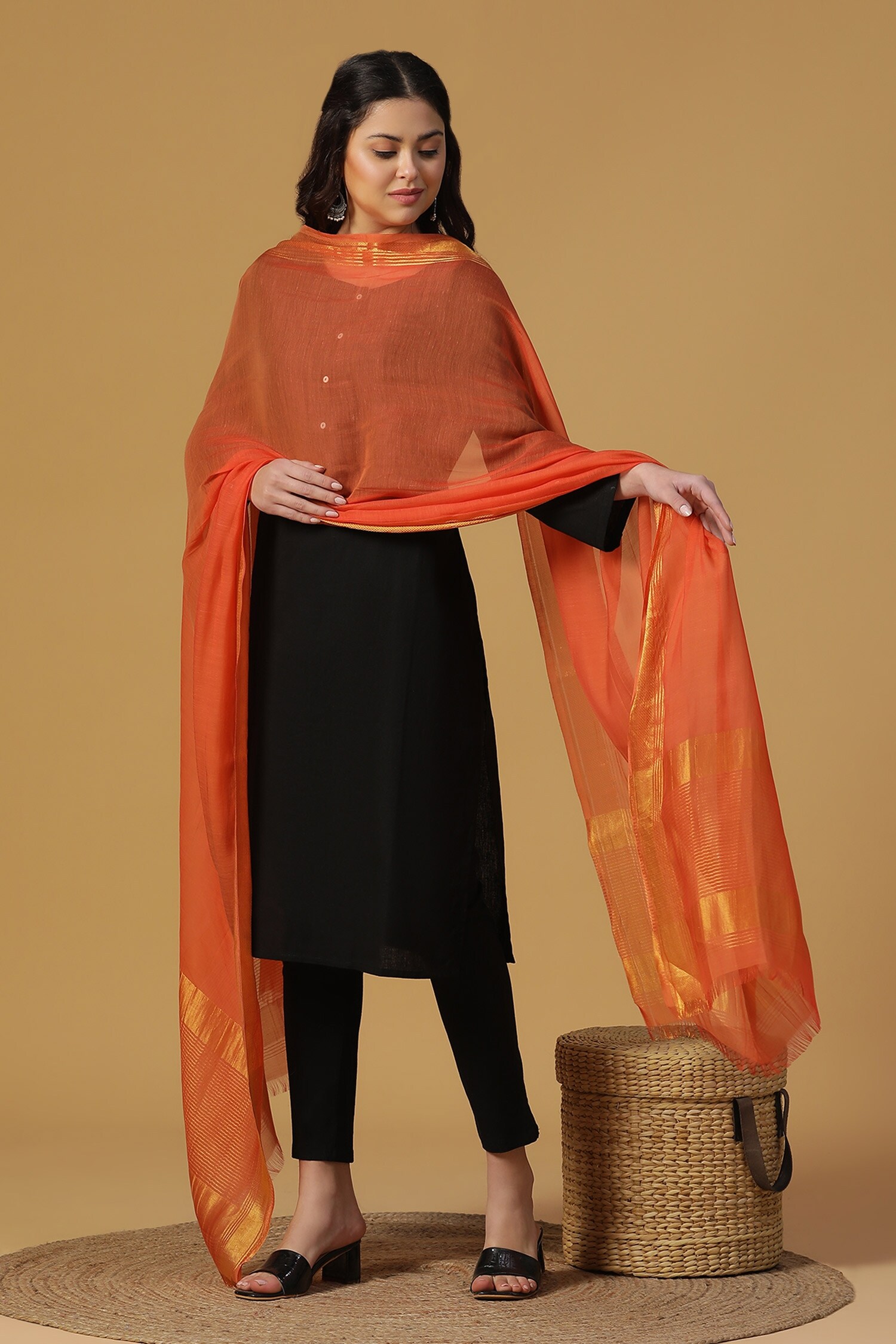 Buy Shingora Orange Silk Dobby Woven Dupatta Online | Aza Fashions