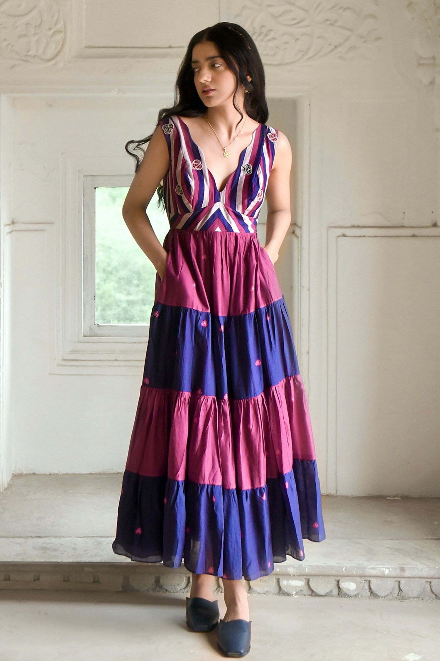 Buy Multi Color Chanderi Silk Printed And Bloomy Merlot Tiered Dress ...