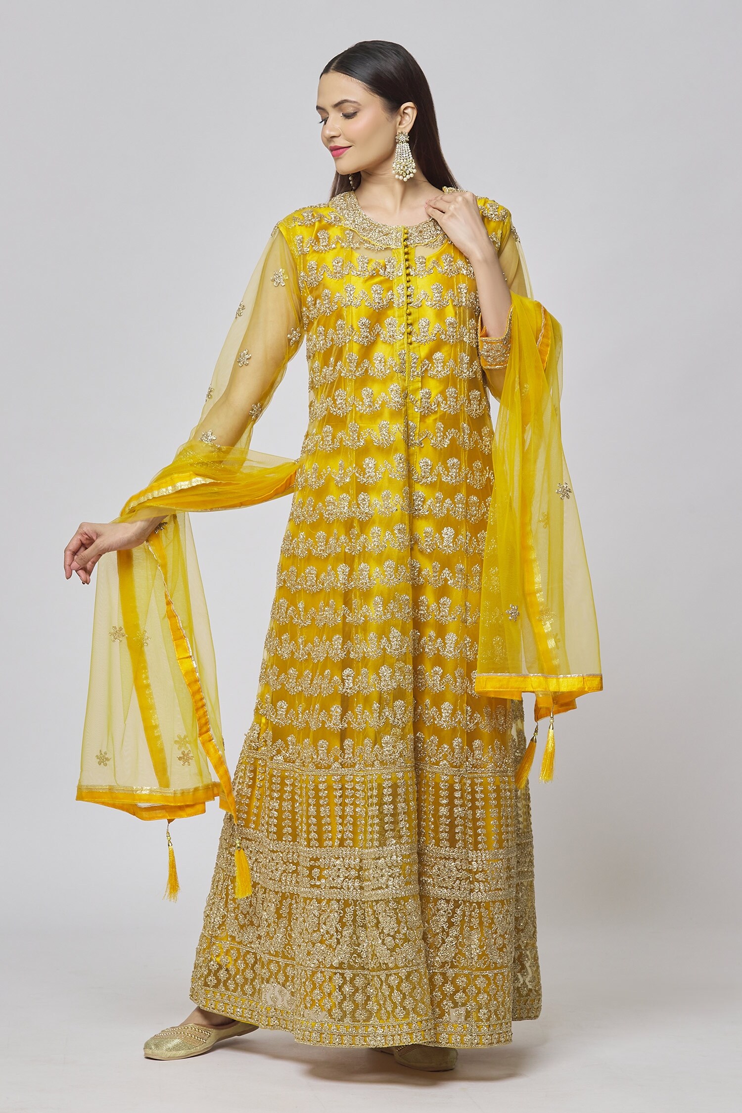 Buy Naintara Bajaj Yellow Flower Zari Embroidered Anarkali Set Online ...