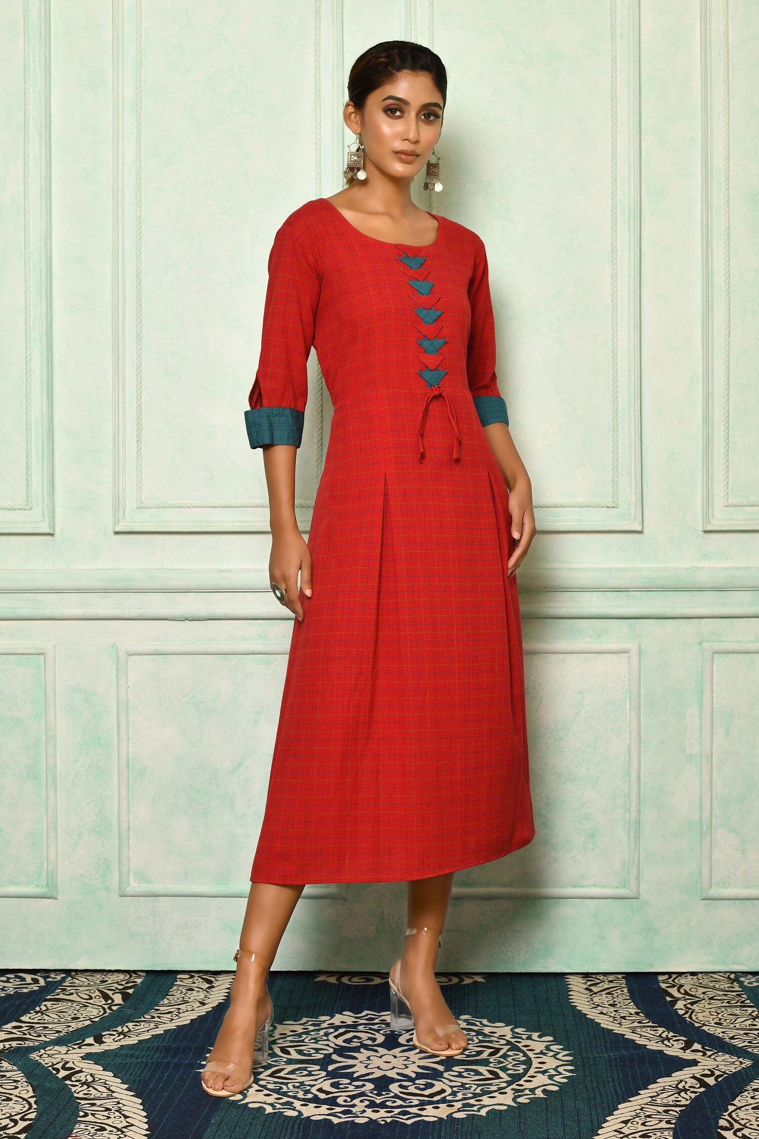 Buy Red Cotton Round Neck Pattern Long Tunic For Women by Aryavir ...