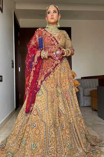 Buy Brown Net Embroidery Dome V Neck Floral Bridal Lehenga Set For ...