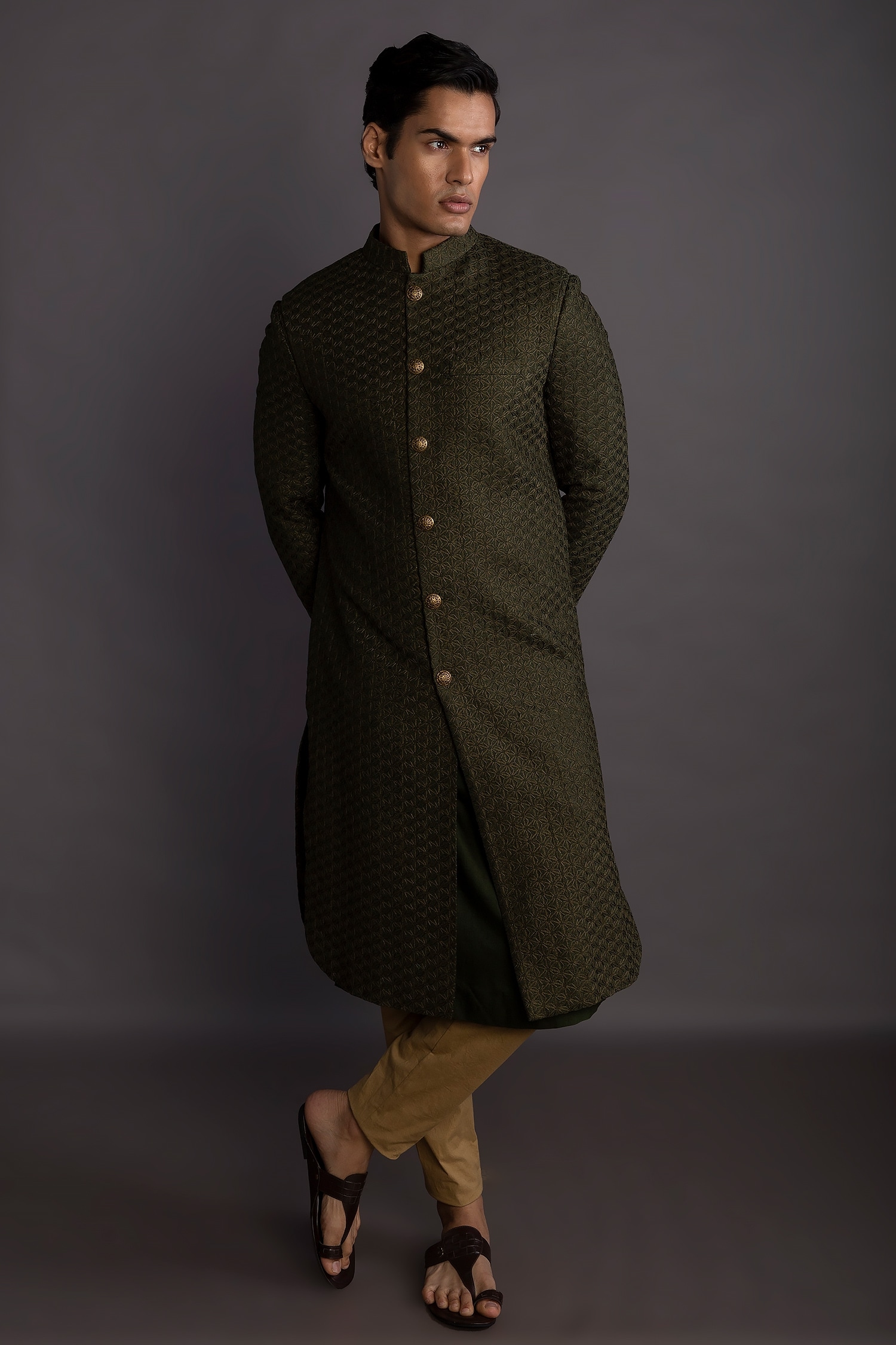 Buy Green Achkan - Matka Silk Embroidery Thread Mosaic Set For Men by ...