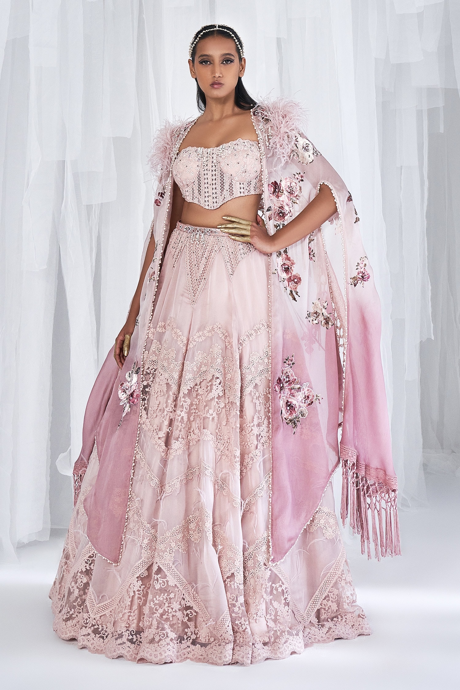 Buy Dolly J Pink Organza Floral Embroidered Cape Lehenga Set Online ...