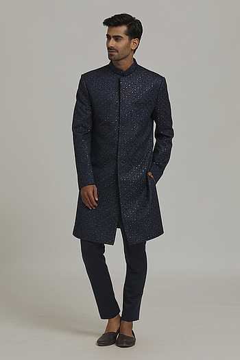 Buy Blue Satin Embroidery Diamond Nawabi Sherwani With Pant For Men by ...