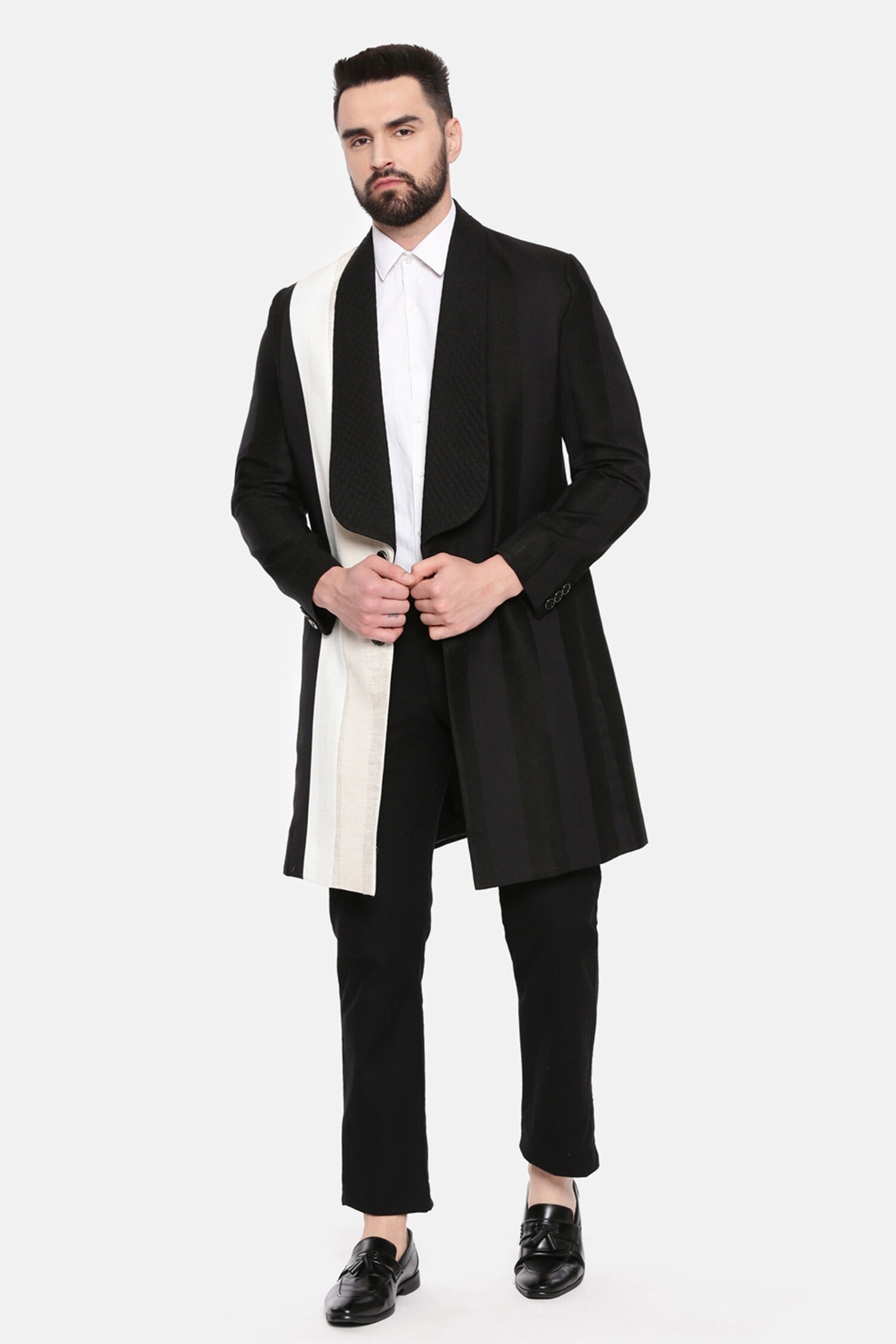 Buy Mayank Modi - Men Black Linen Two Tone Trench Jacket Online | Aza ...