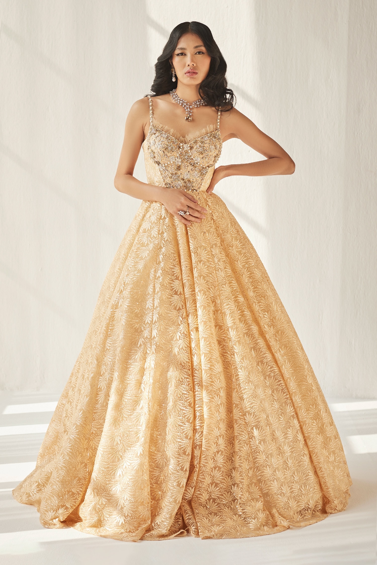 Buy Yellow Net Embroidery Thread Sweetheart Neck Gown For Women by Cedar & Pine Online at Aza ...