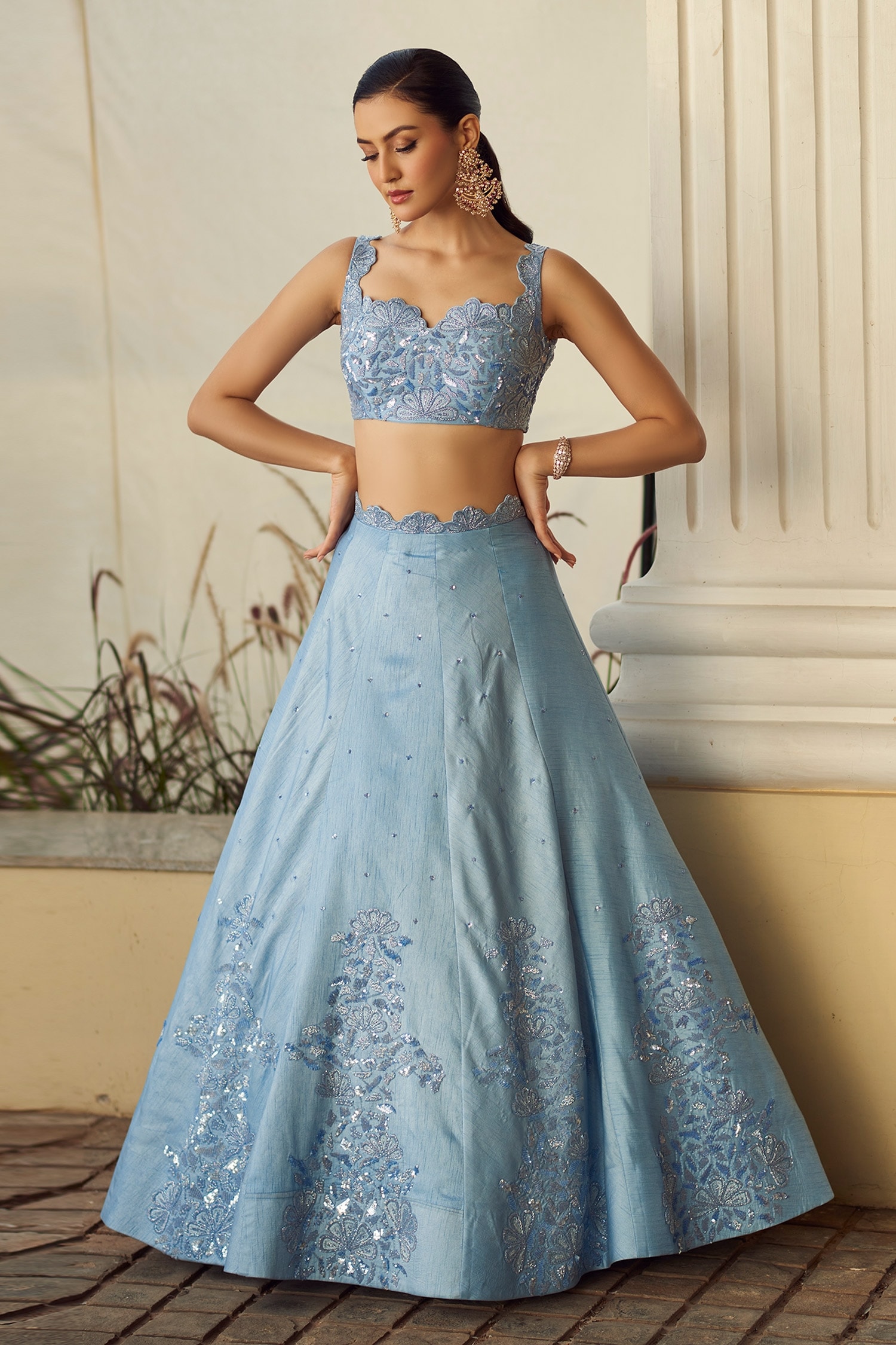 Buy Sanjana Reddy Blue Falling Raw Silk Floral Embroidered Lehenga And ...