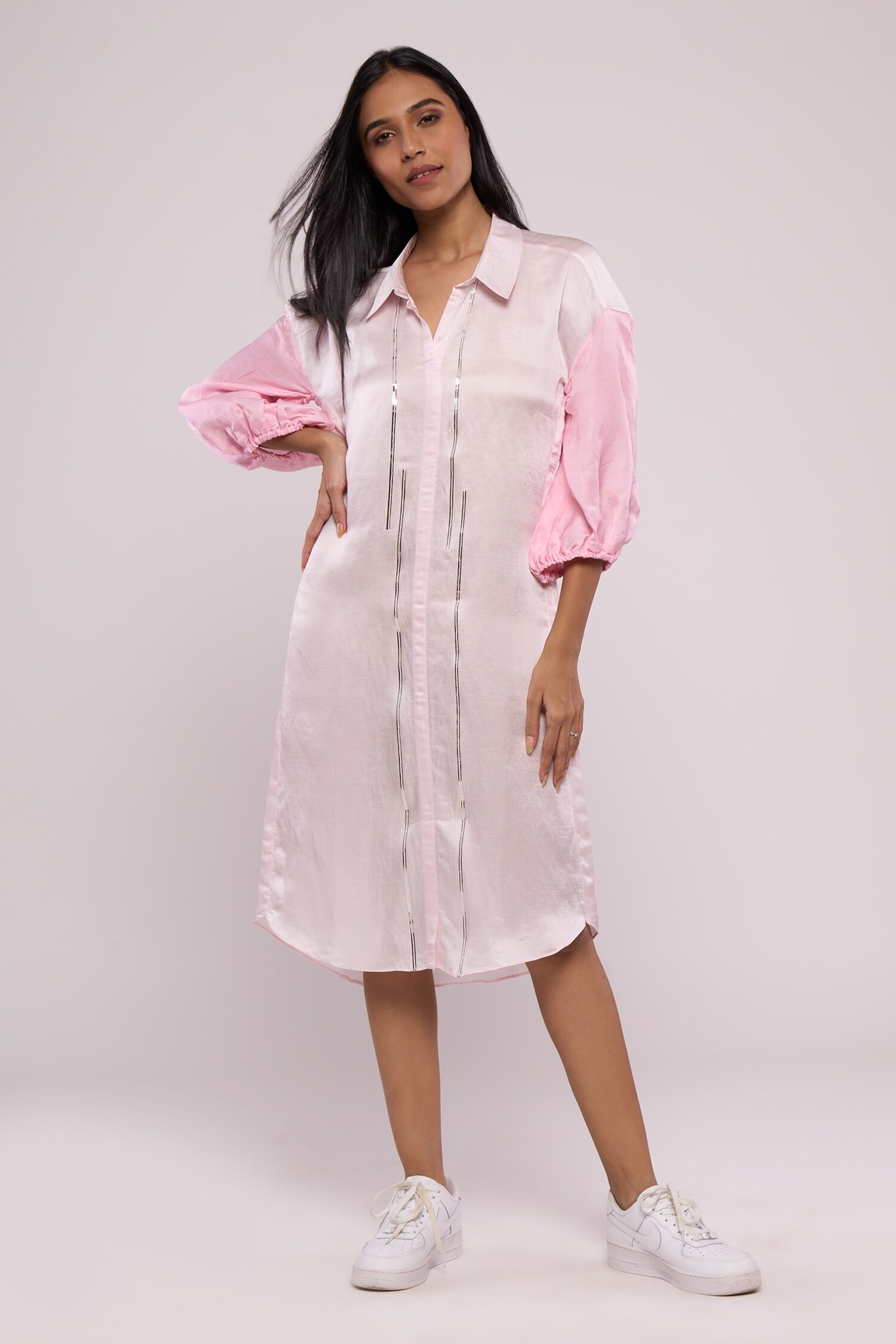 Buy Pink Satin Linen Embroidered Collared Neck Color Block Shirt Dress ...