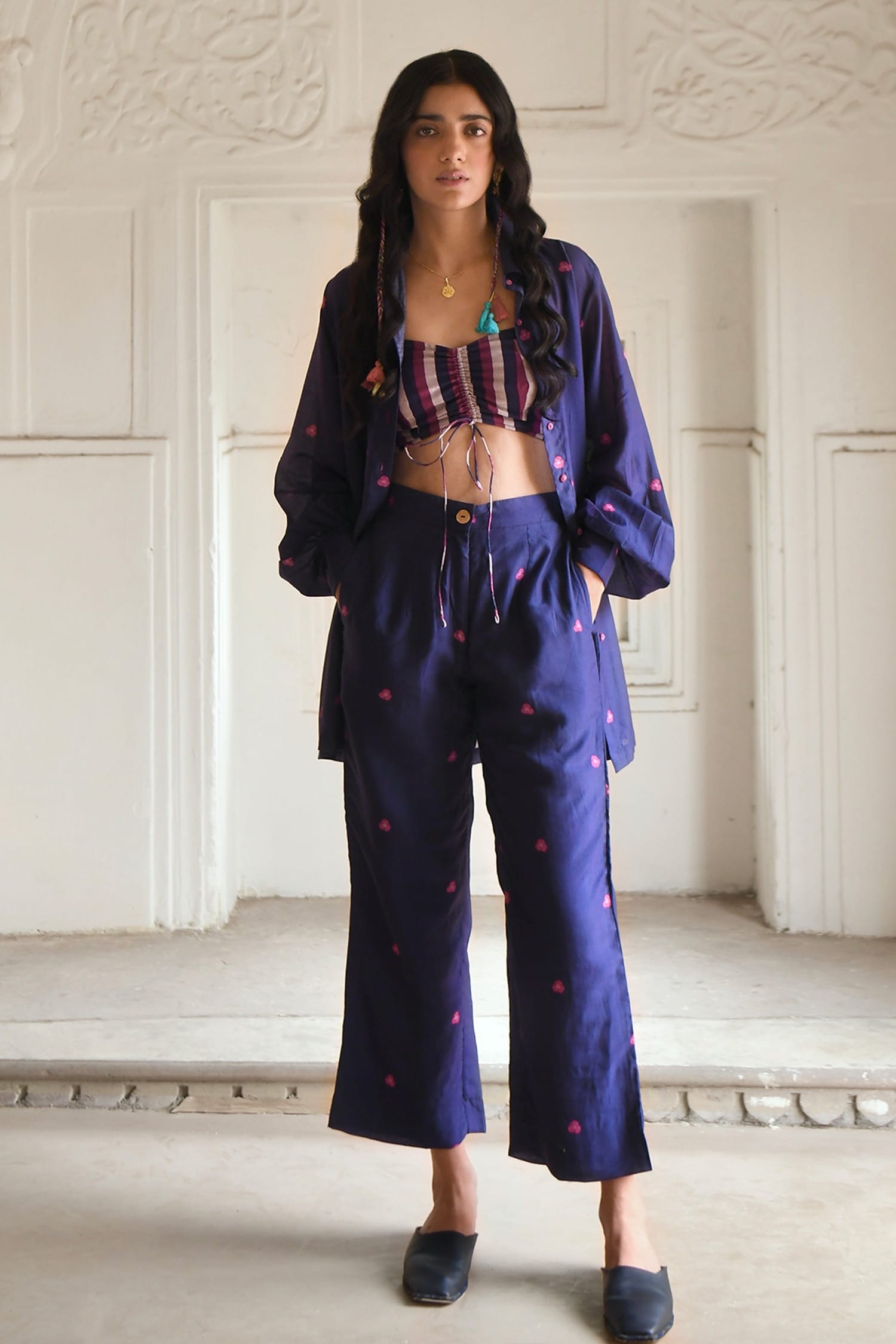 Buy Blue Chanderi Silk Printed Floral And Stripe Iris Pant Set For ...