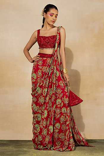 Buy Red Cotton Silk Printed Chintz Square Neck Sharara Saree And Blouse ...