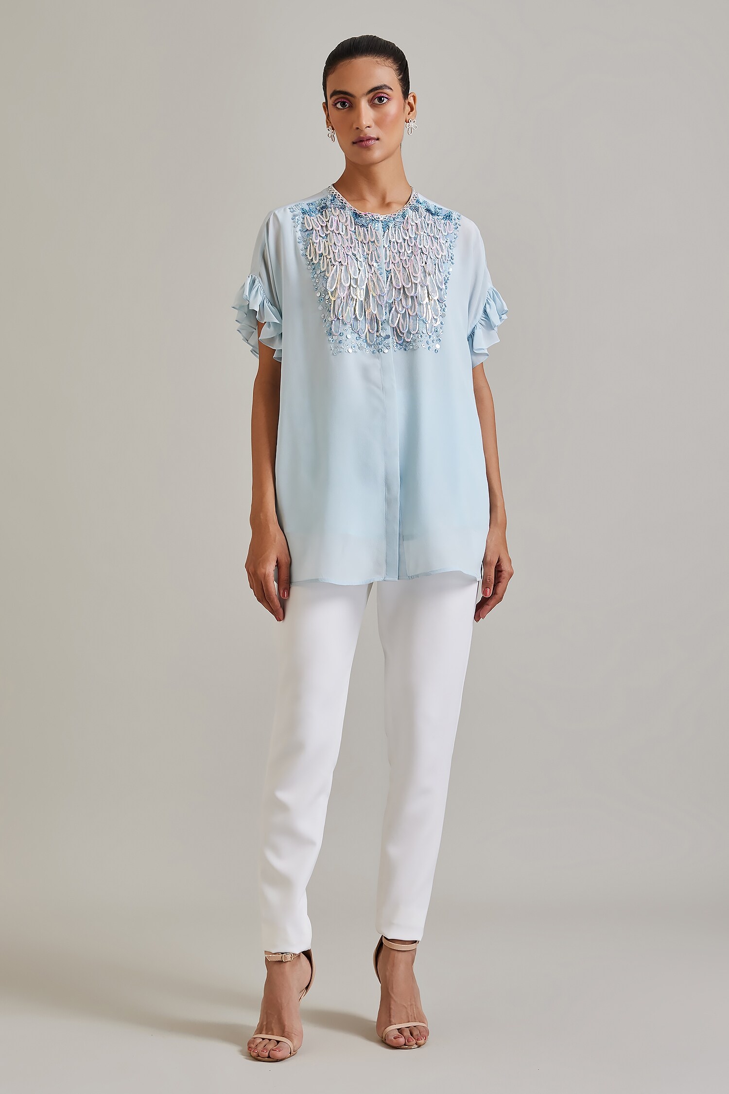 Buy Blue Silk Crepe Embellished Tape Round Aurelia Hand Top For Women