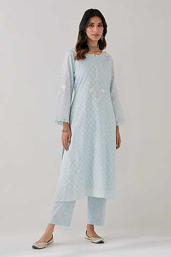 Buy Blue Cotton Poplin Embroidery Floral Placement Palazzo For Women by ...