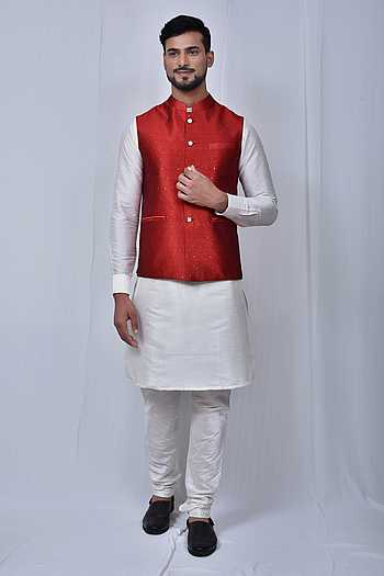 Buy Adara Khan Red Art Silk Crystal Buttonned Nehru Jacket Online | Aza ...