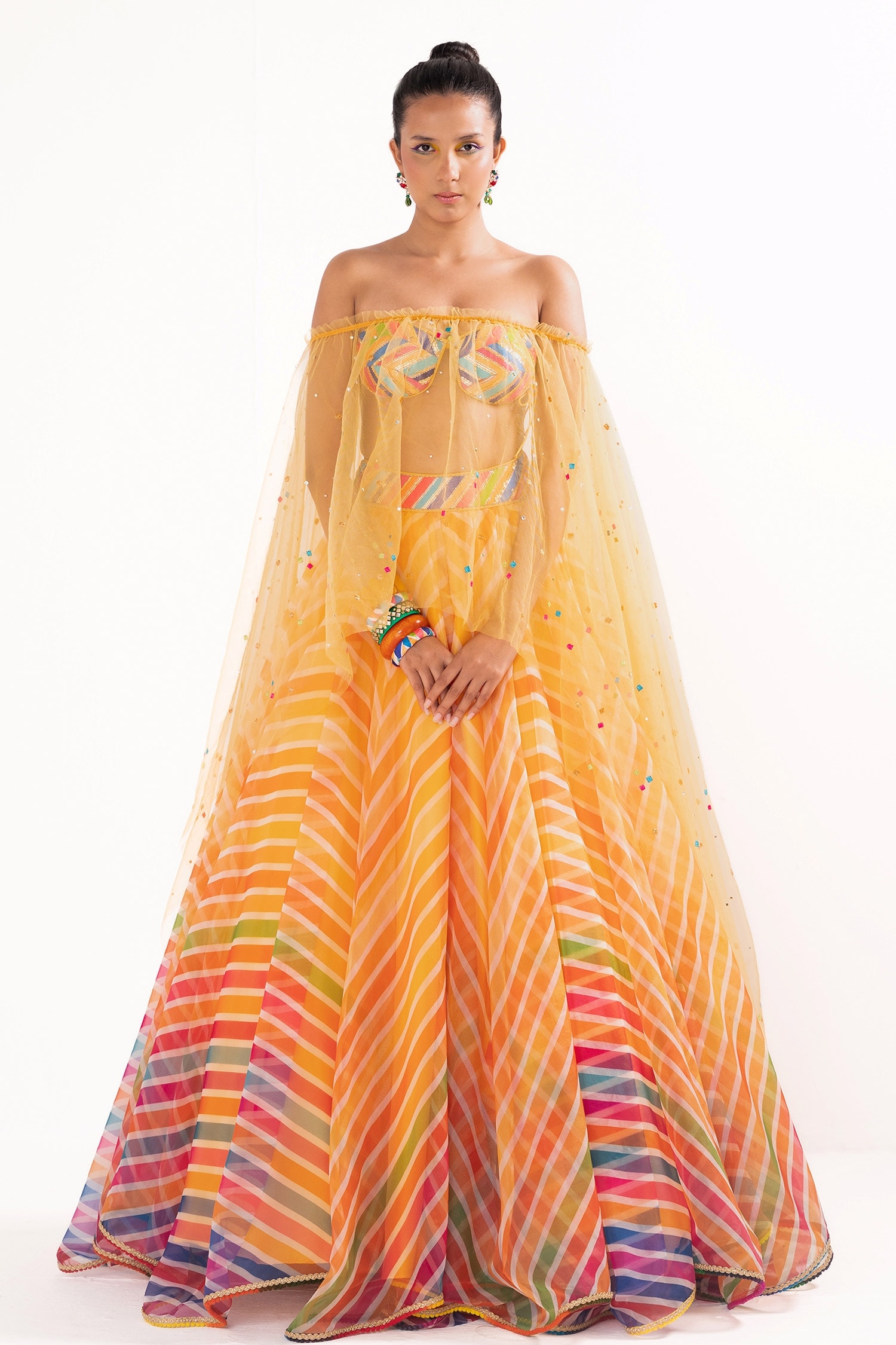 Buy Multi Color Organza Embroidery Bohemian Striped Pattern Lehenga Set