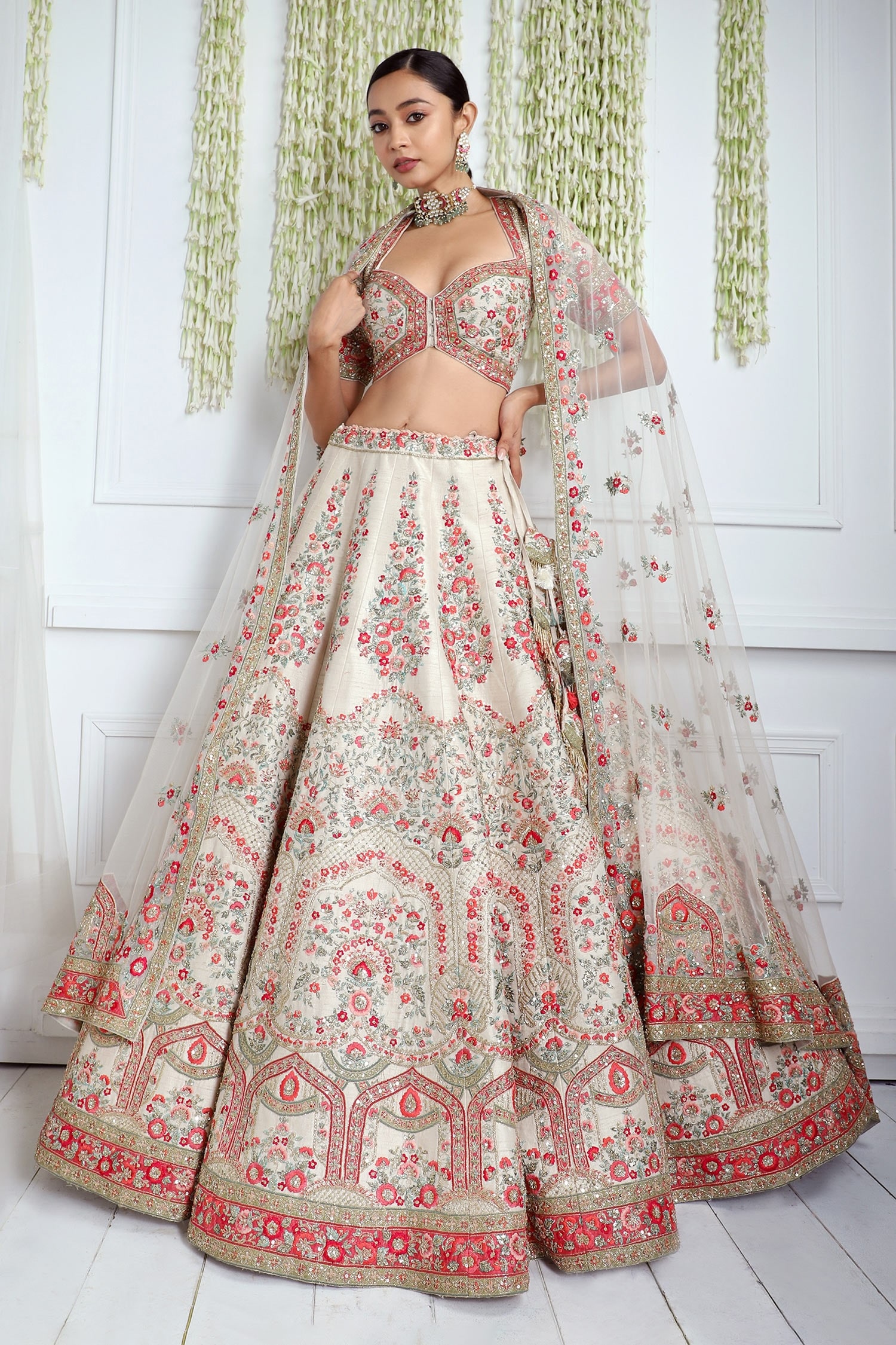 Buy Ivory Raw Silk Embroidered And Embellished Resham Rohini Lehenga Set For Women by Pallavi ...