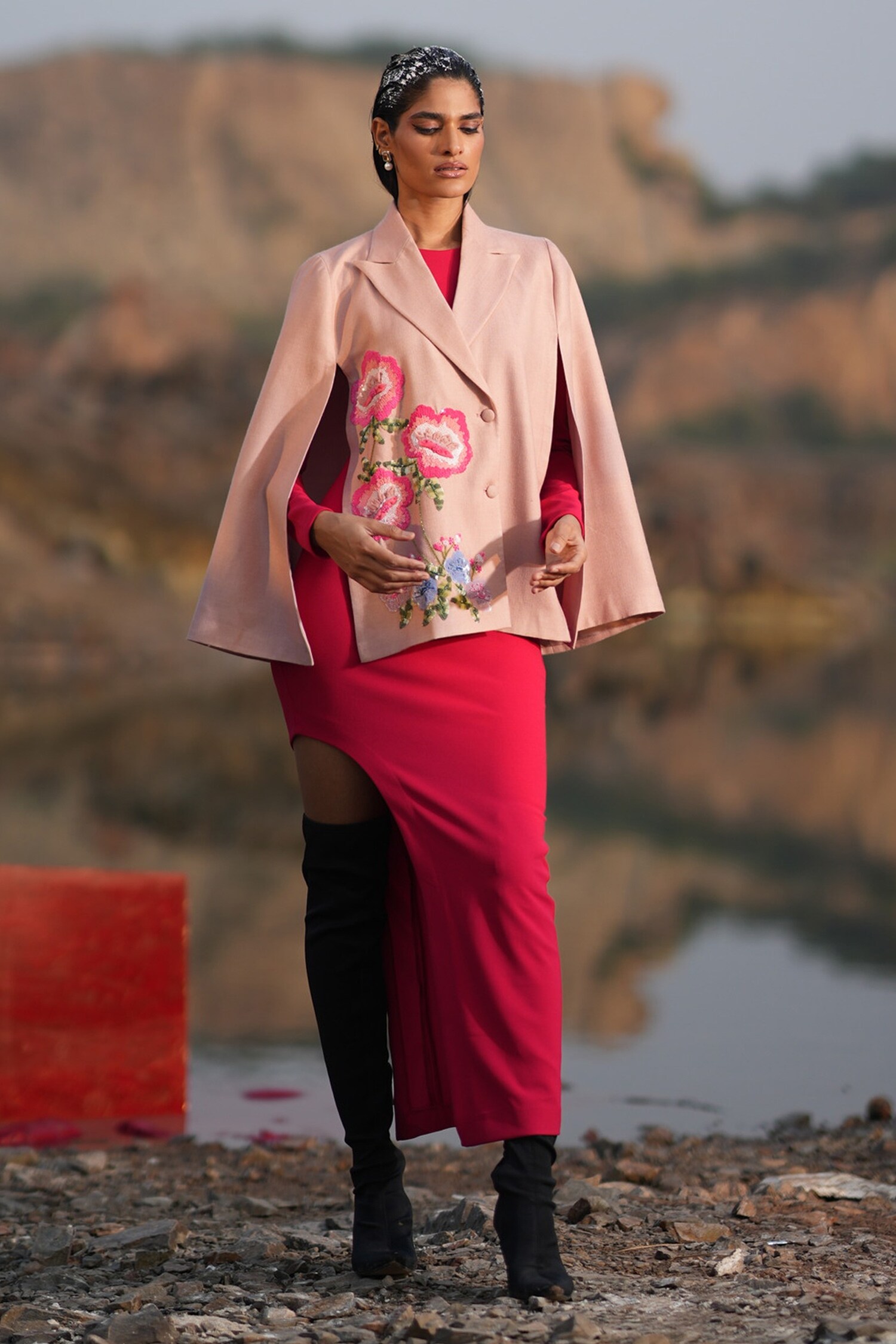 Buy Pink Cashmere Wool Hand Embroidered Thread Work Notched Lapel Cape ...