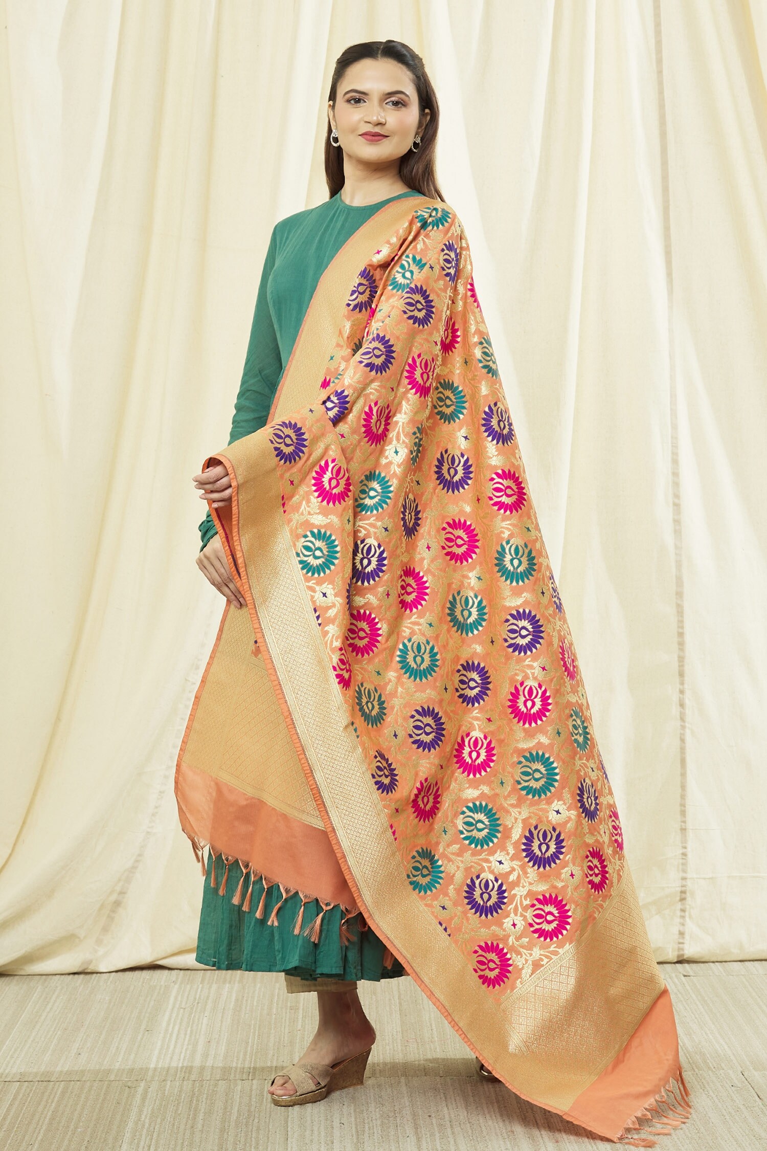 Buy Peach Art Silk Mina Woven Floral Fringe Hem Pattern Dupatta For ...