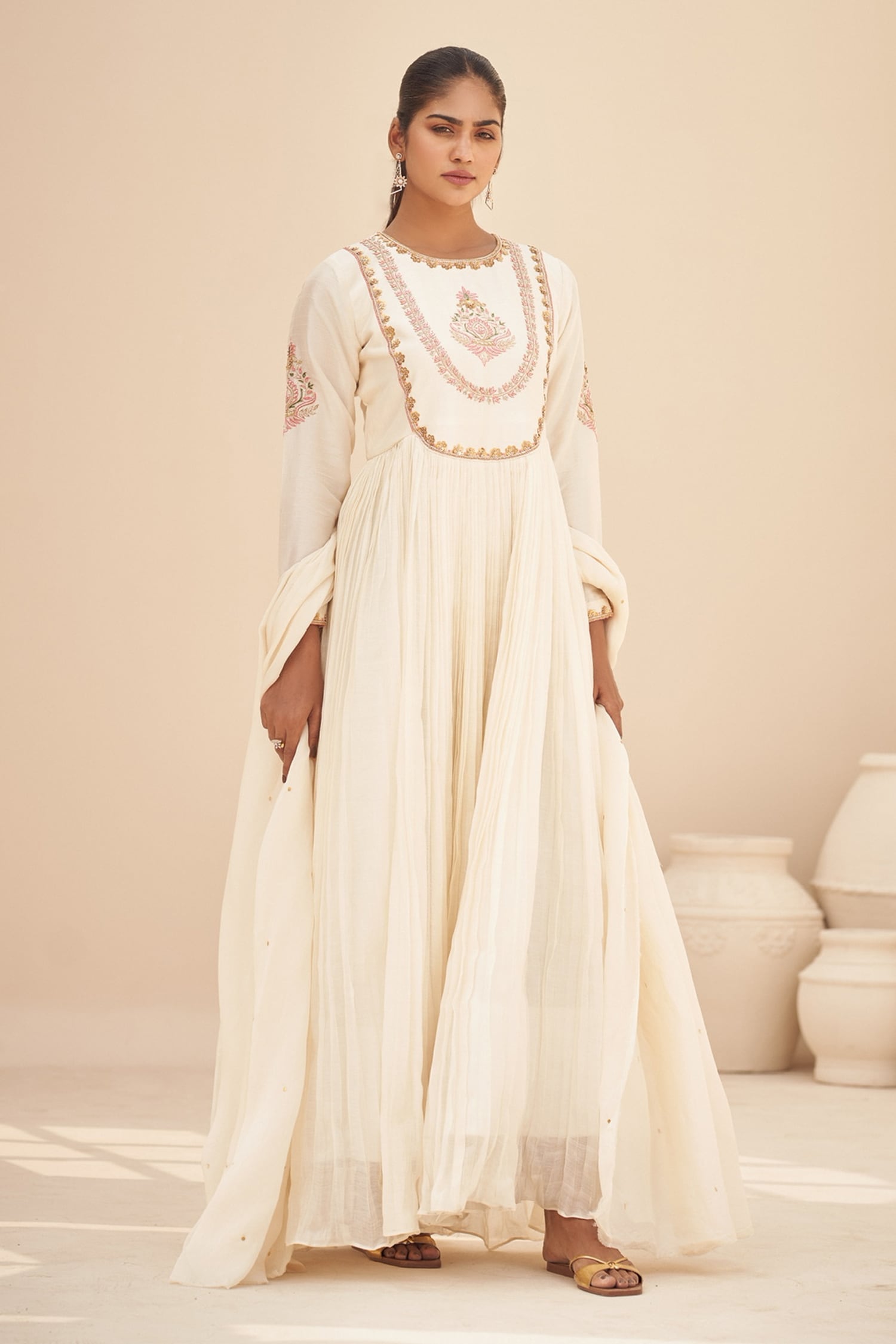 Buy Ivory Anarkali: Chanderi Hand Embroidered Thread Round With Dupatta ...