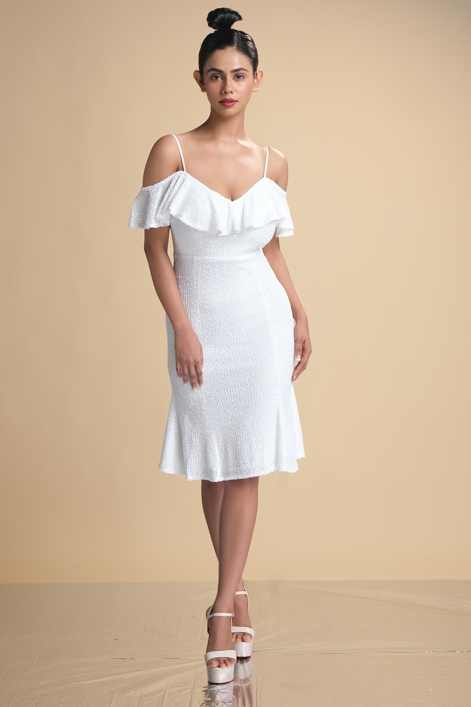 Buy Kommal Sood White Lycra Stretch Net Sequin Embroidered Ruffle ...