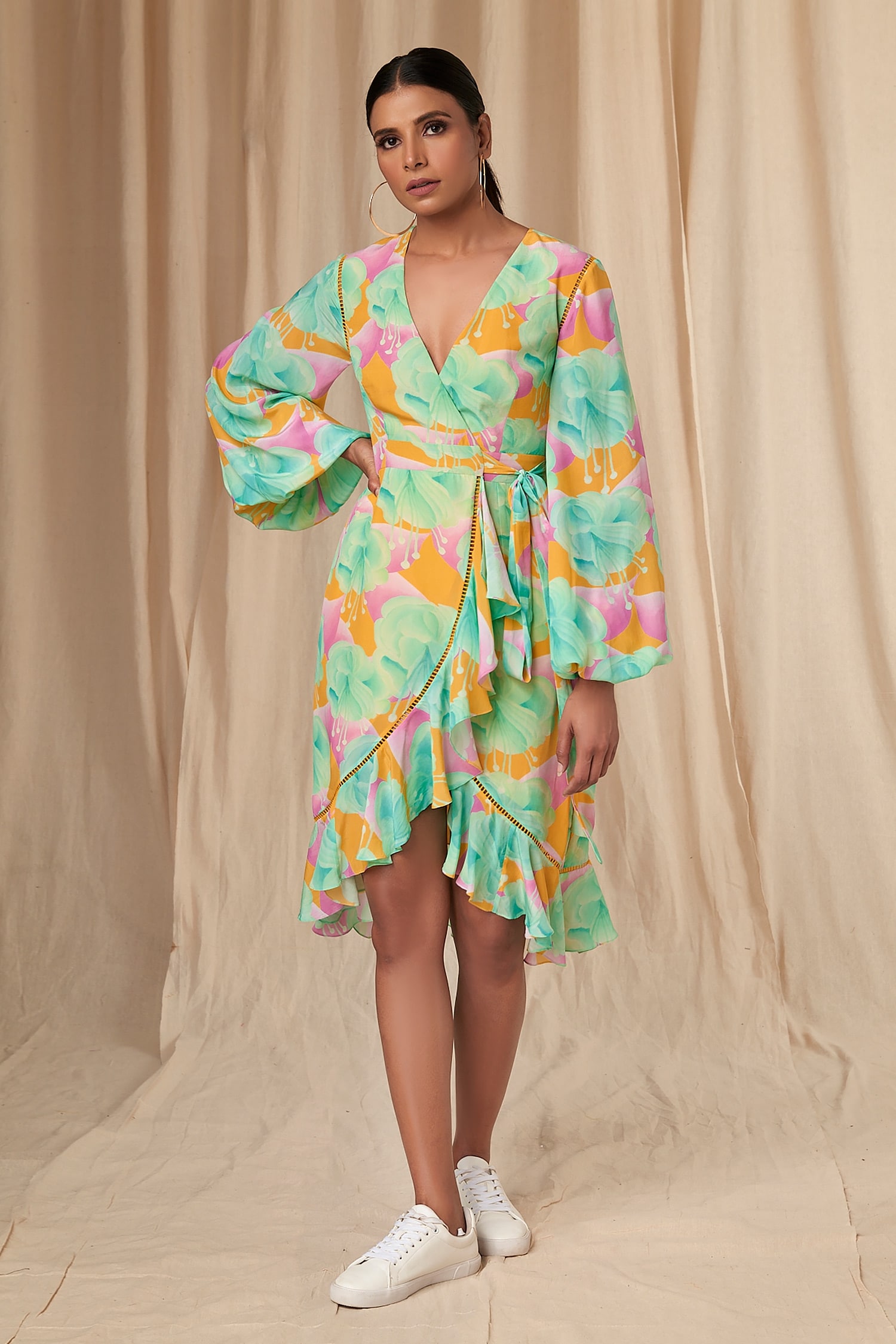 Buy Blue Bemberg Linen Printed Bloomerang Plunge V Neck Wrap Dress For ...