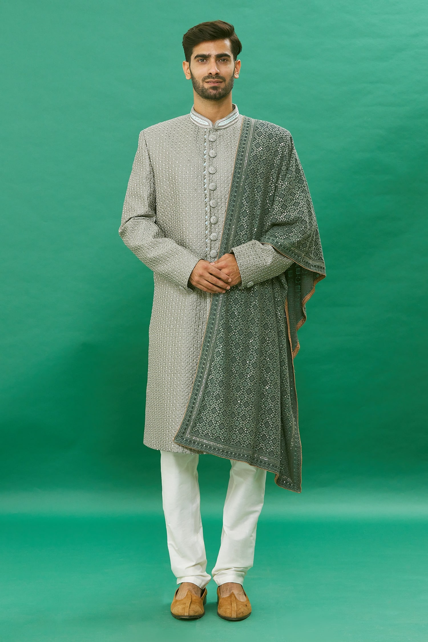 Buy RNG Safawala Grey Raw Silk Embroidered Achkan Set Online | Aza Fashions