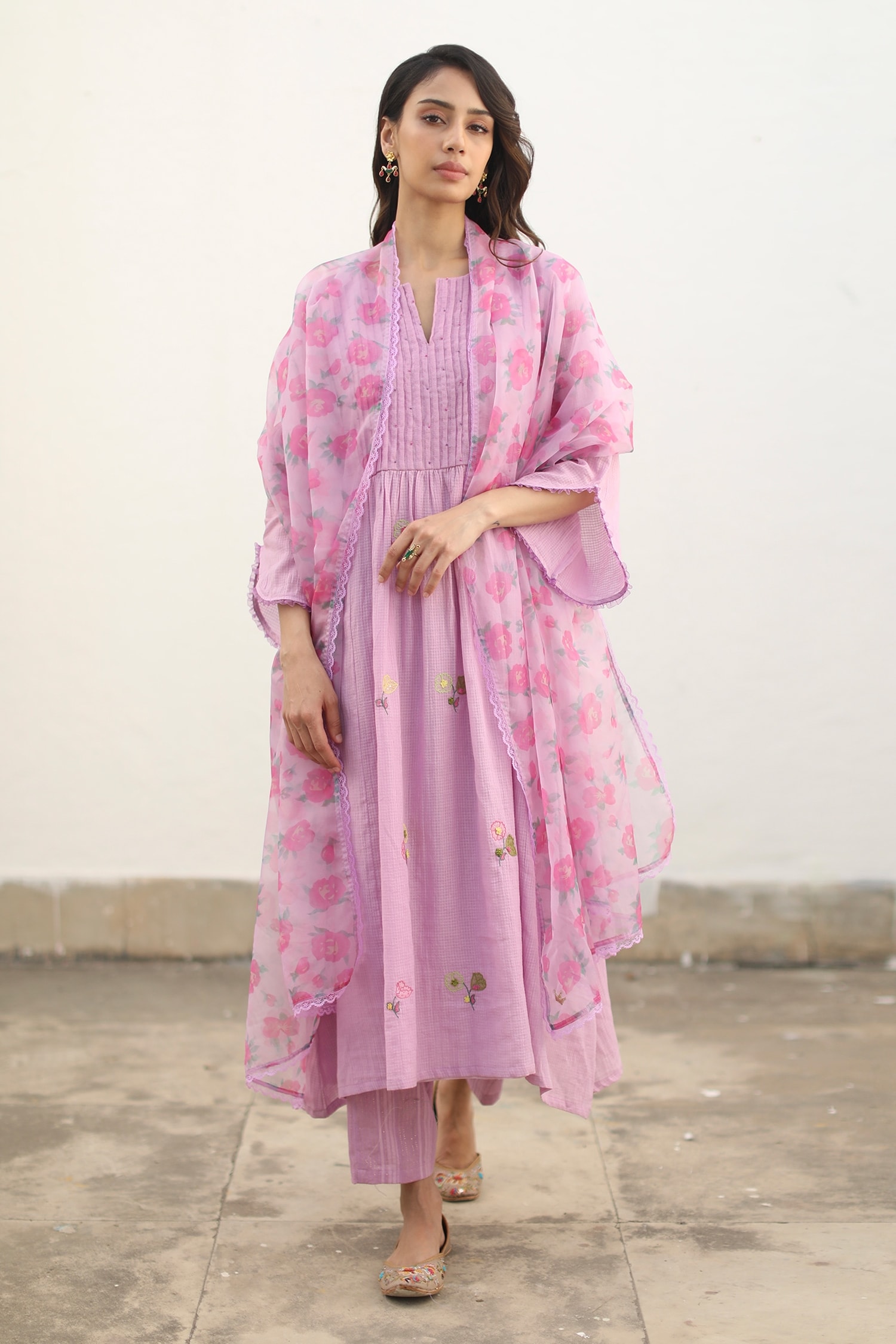 Buy Pink Kurta Chanderi Cotton Print And Embroidery Amina A-line Set For Women by Begum Pret ...