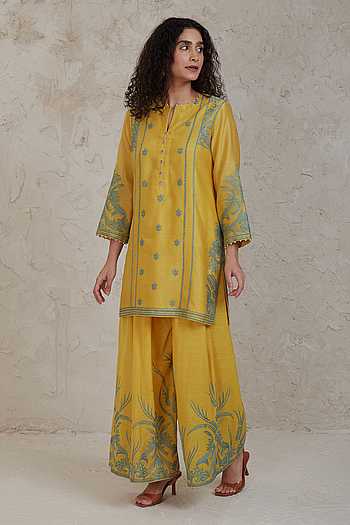 Buy Sue Mue Yellow Fairoz Chanderi Dori Work Kurta And Pant Set Online ...
