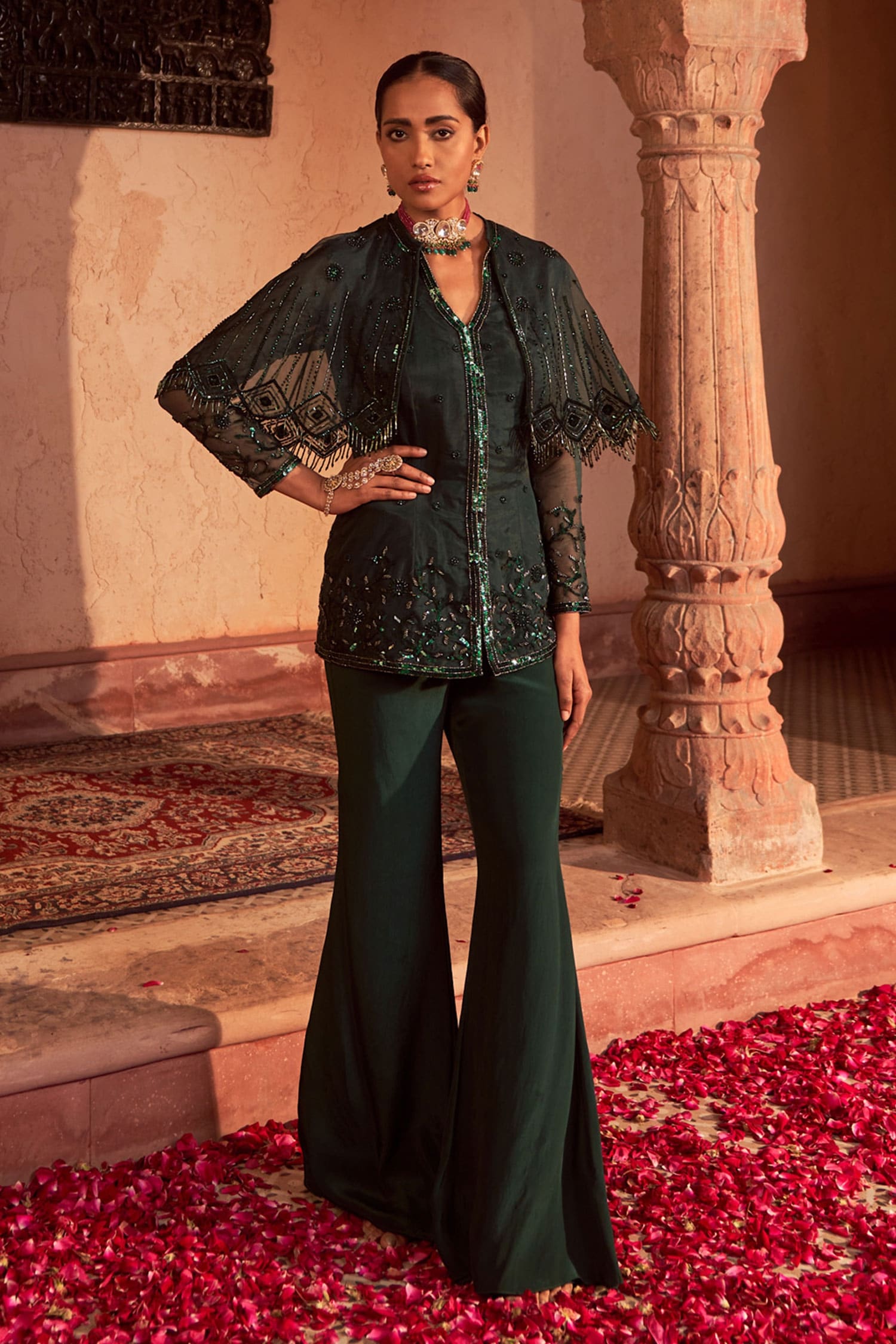 Buy Nidhika Shekhar Green Shantoon Bahu Mela Embroidered Cape Kurta ...