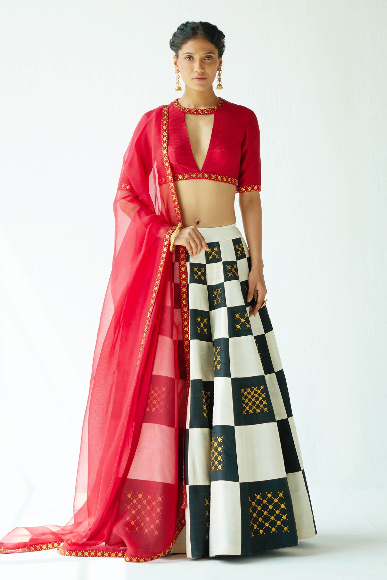 Buy DNU Priyal Prakash Multi Color Raw Silk Chess Board Pattern Lehenga ...
