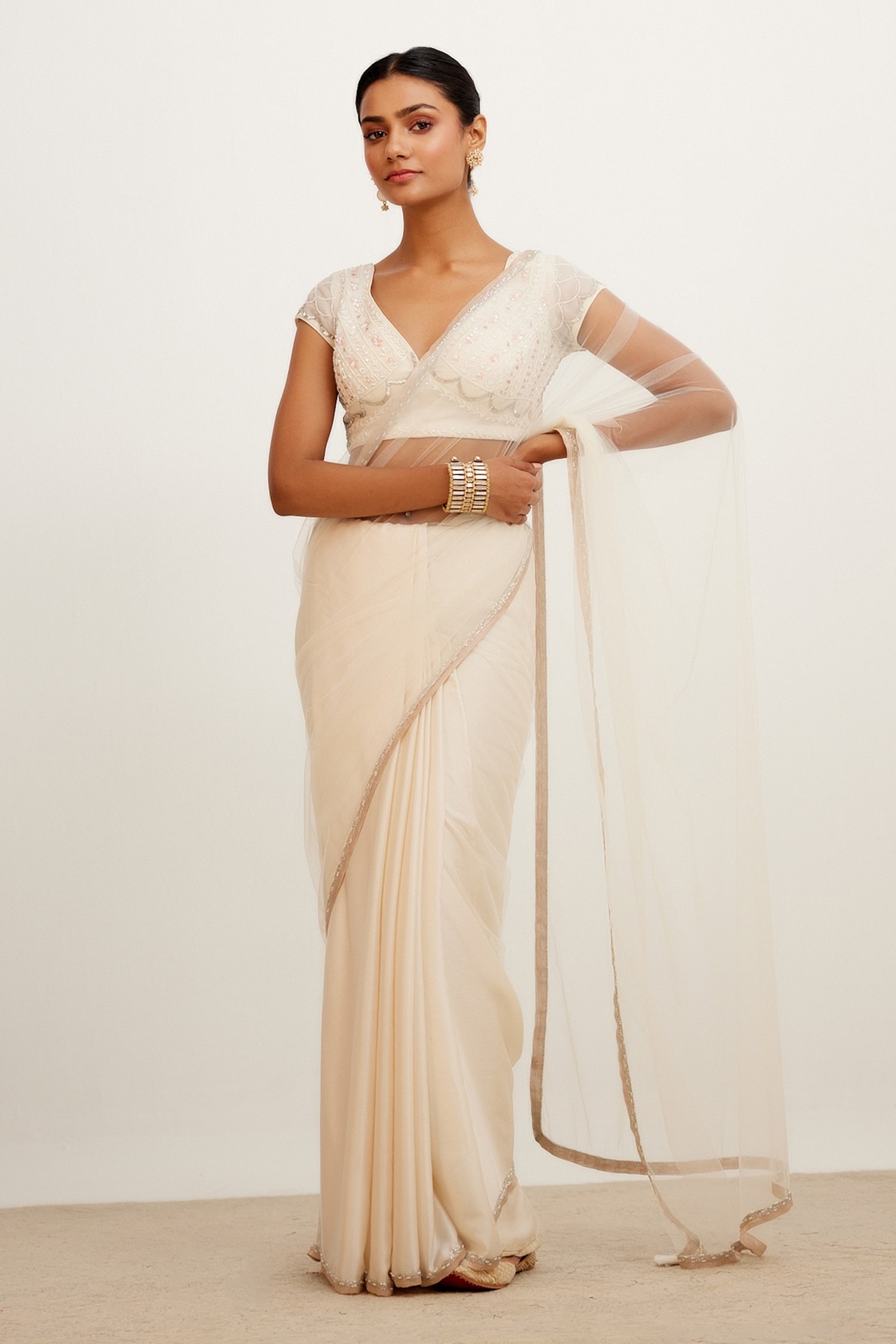 Buy Ivory Net Embroidered Cutdana V Neck Sheer Saree With Blouse For ...