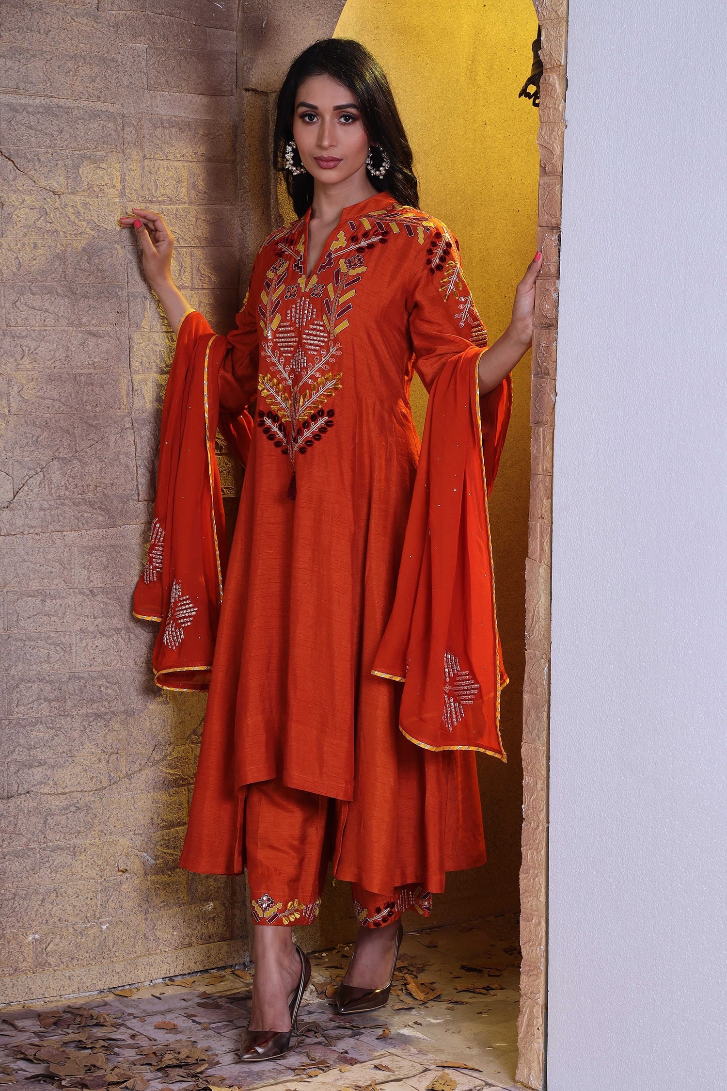 Buy Orange Dupion Embroidered Cross Stitch Thread Anarkali Palazzo Set ...