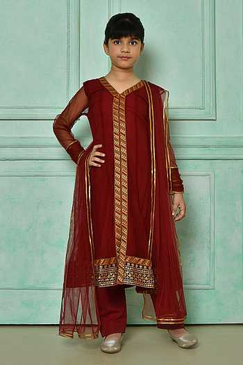 Buy Aryavir Malhotra Maroon Embroidered Border A-line Kurta Set For ...