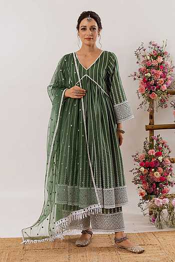 Buy Rivaaj Clothing Green Geometric Work Gathered Anarkali Palazzo Set ...