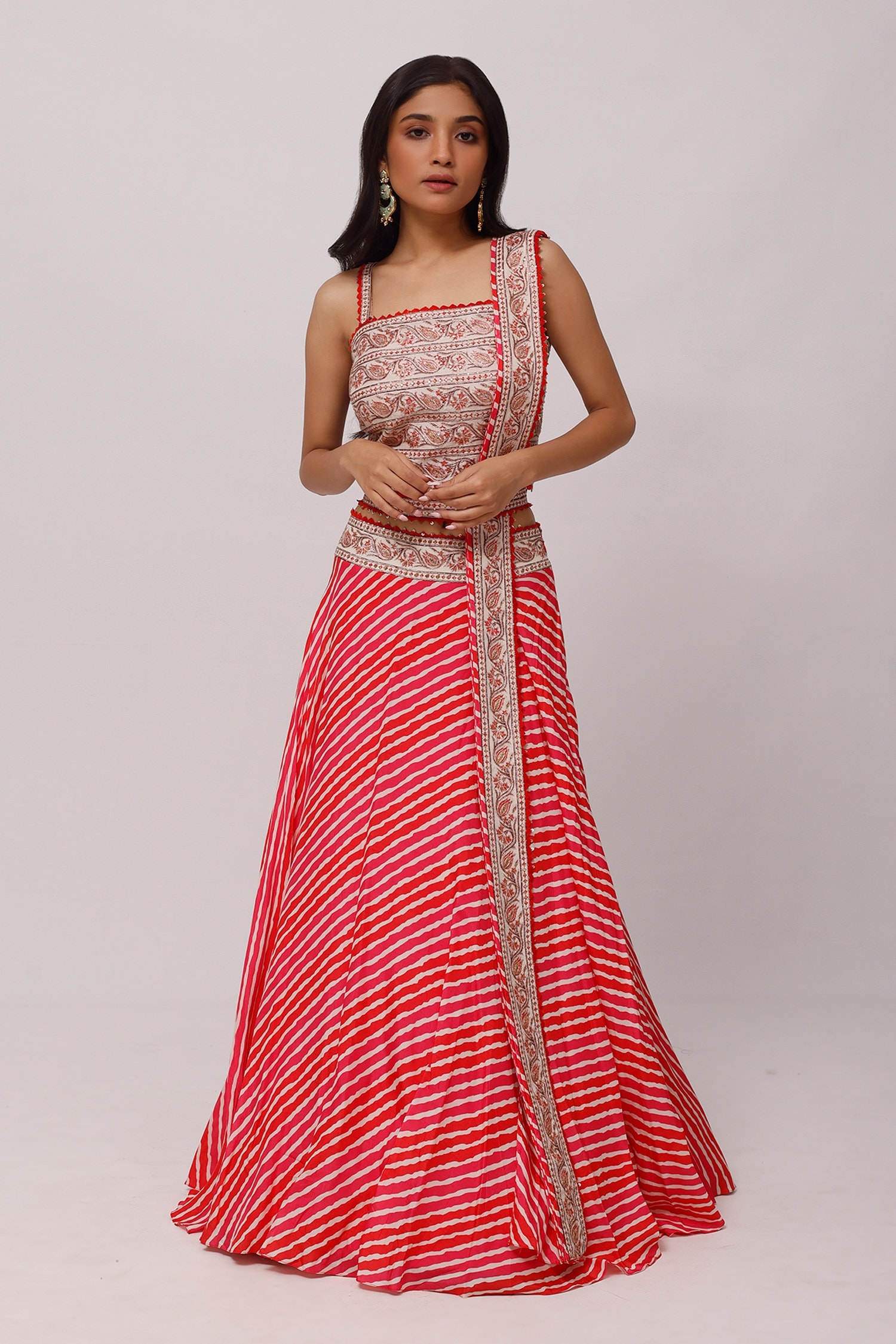 Buy Onaya Coral Silk Leheriya Pattern Lehenga Set Online | Aza Fashions