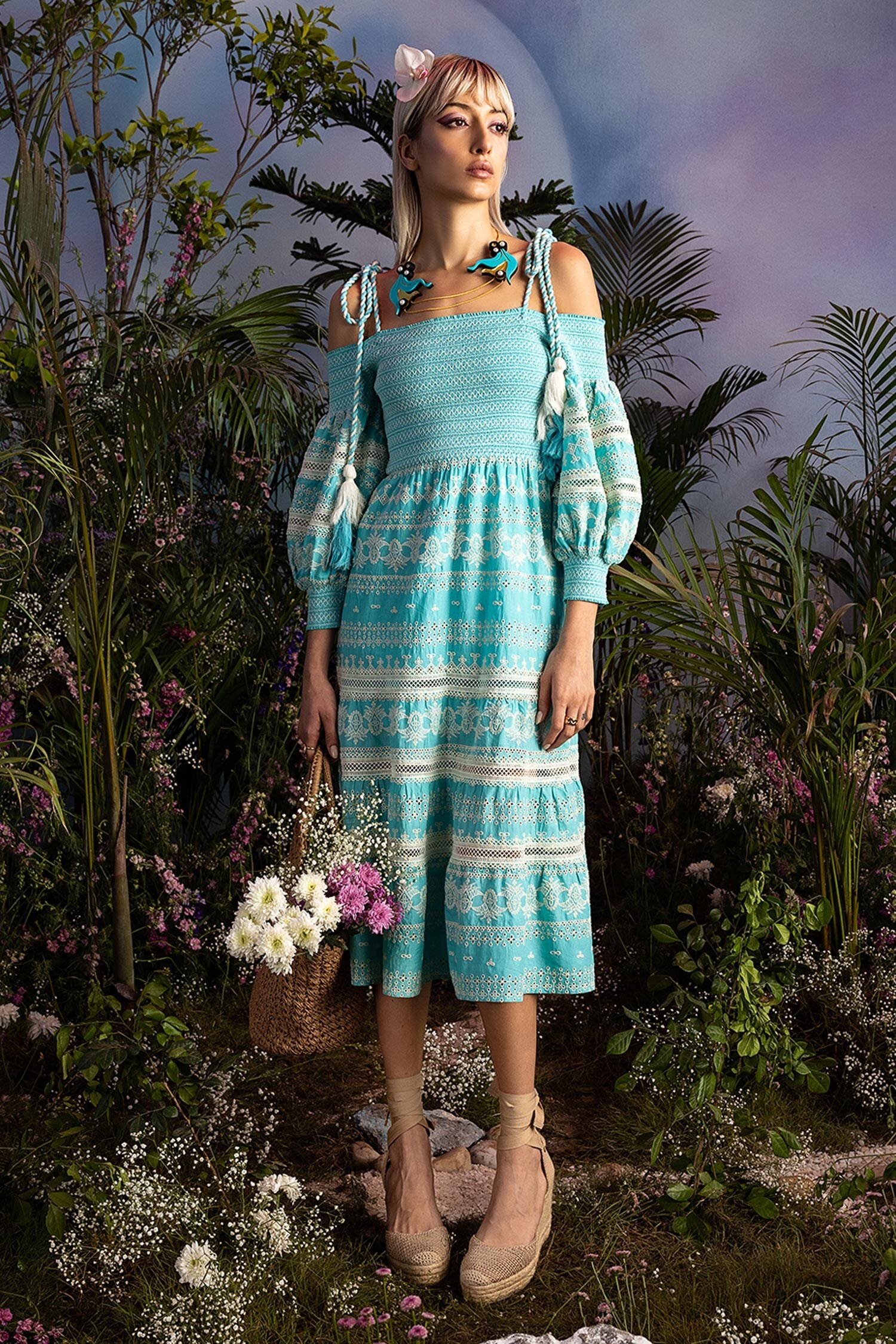 Buy House of Eda Blue Cotton Anna Cold Shoulder Midi Dress Online | Aza ...