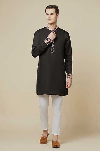 Buy Spring Break Black Cotton Placket Printed Kurta Online | Aza Fashions