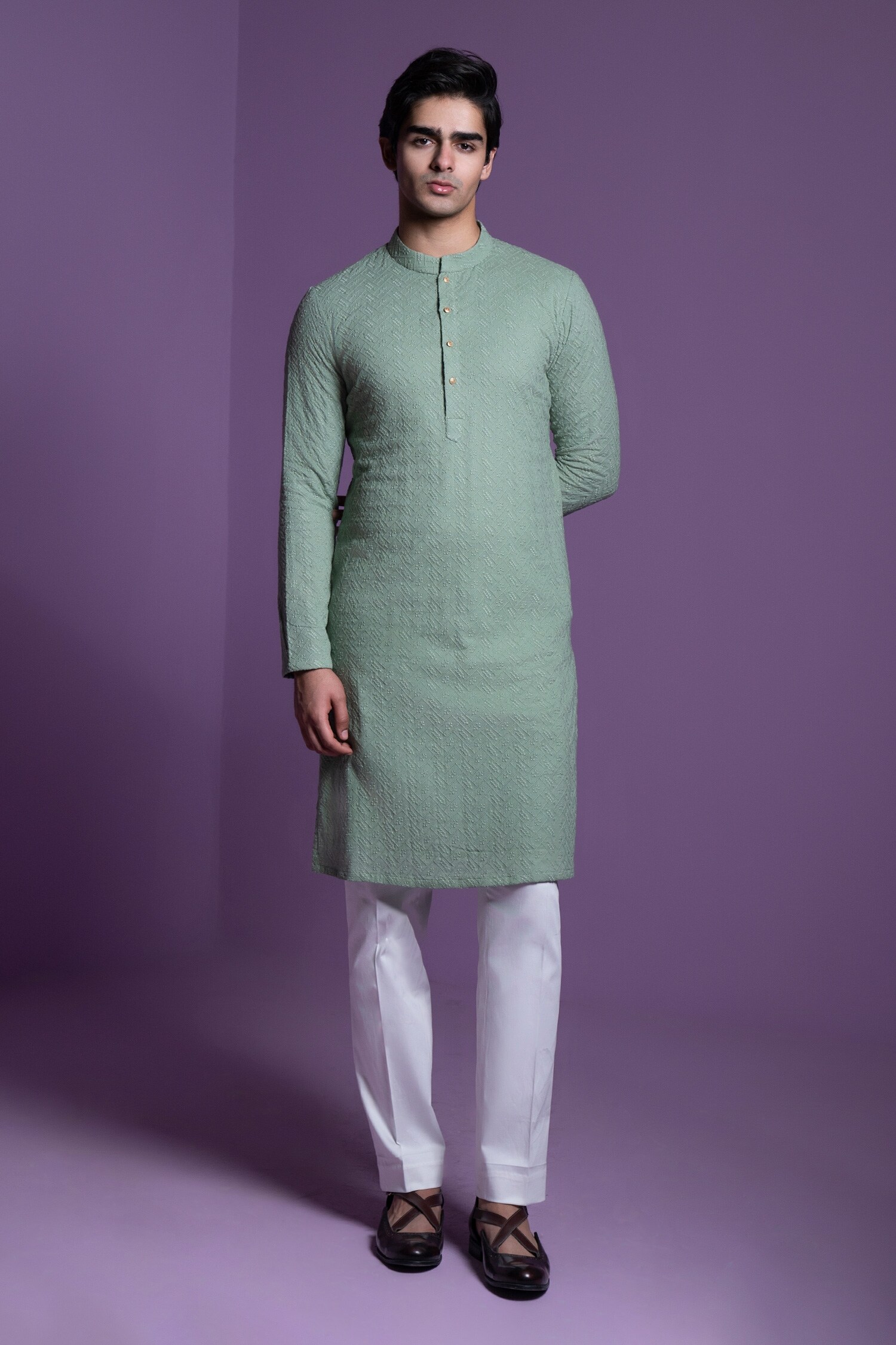 Buy Contrast By Parth Green Georgette Threadwork Kurta With Pant Online ...