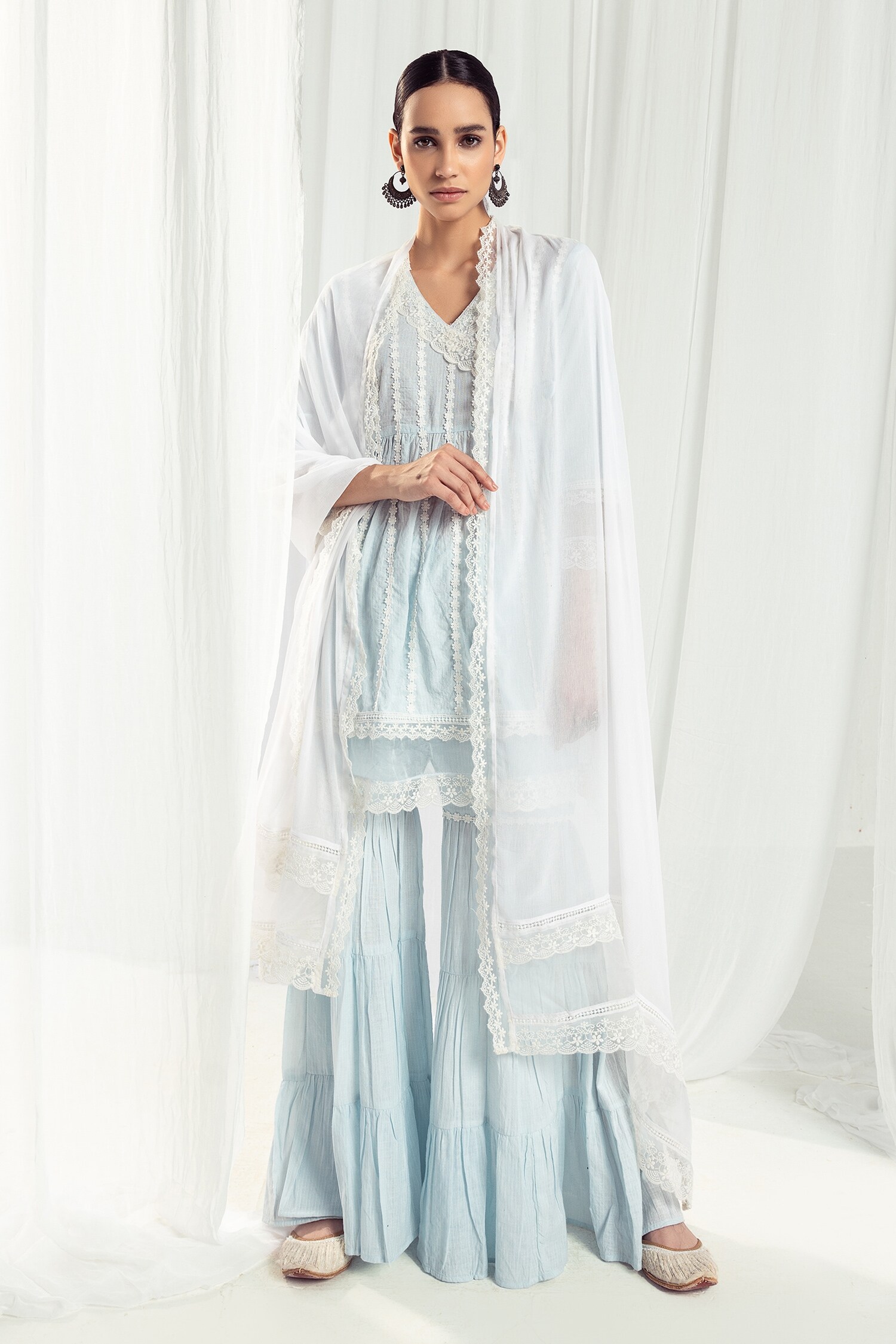 Buy Blue Angrakha: Cotton Kantha Embellished Lace V Dahlia Gharara Set ...